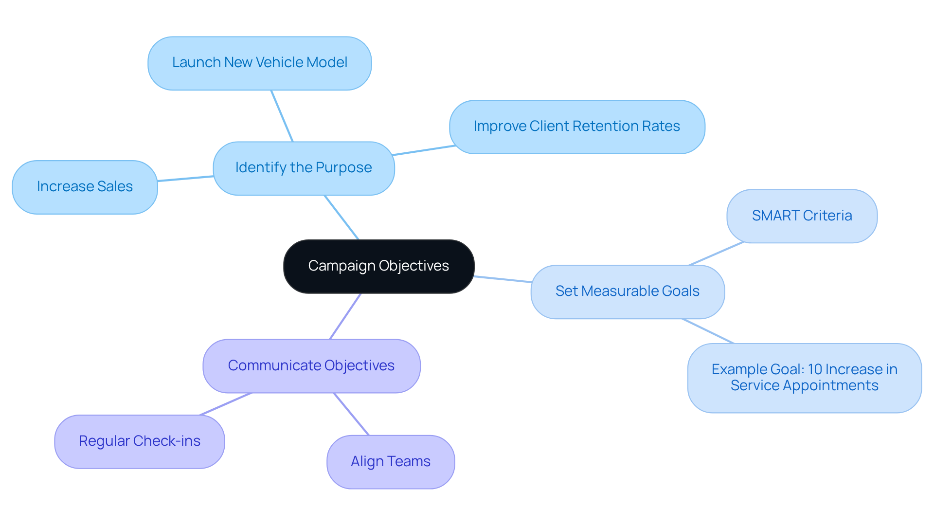 The center shows the main focus of the campaign, while the branches represent key areas to consider. Each sub-point provides specific actions or goals that contribute to the overall strategy.