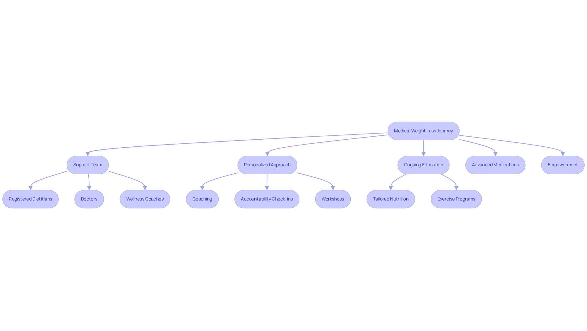 This flowchart shows the steps and support involved in your weight loss journey. Each box represents a key part of the program, and the arrows show how they connect to help you achieve your goals.