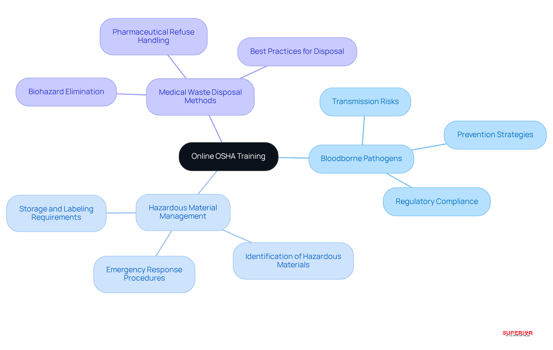 The central node represents the main training focus, while the branches show the key subjects covered in the training. Each sub-branch can provide more detail on specific practices or regulations, helping you see how each topic contributes to overall safety and compliance.