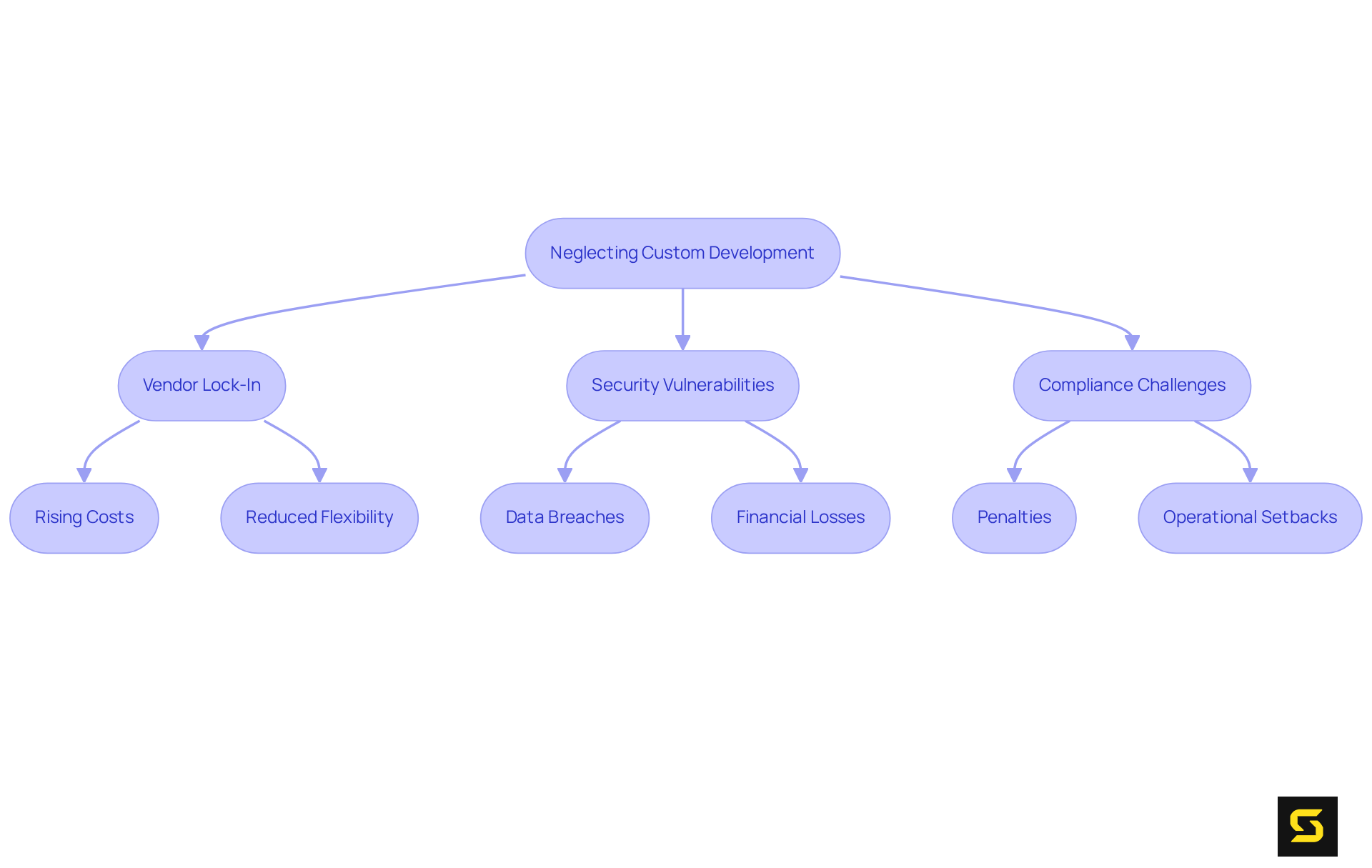 The flowchart shows how neglecting custom development can lead to various risks. Each box represents a risk or consequence, and the arrows indicate the flow from one to another. The aim is to illustrate how these risks can impact a business's growth and efficiency.