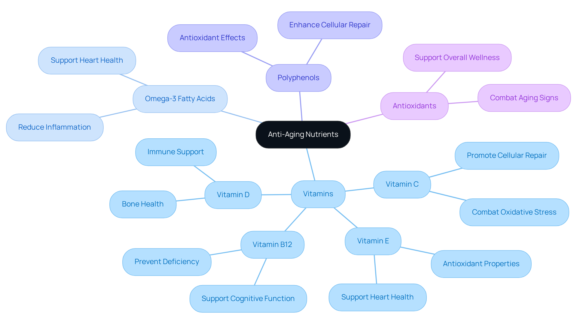 The center represents the main topic of anti-aging nutrients. Each branch shows a different type of nutrient and its benefits, helping you see how they all contribute to better health as we age.
