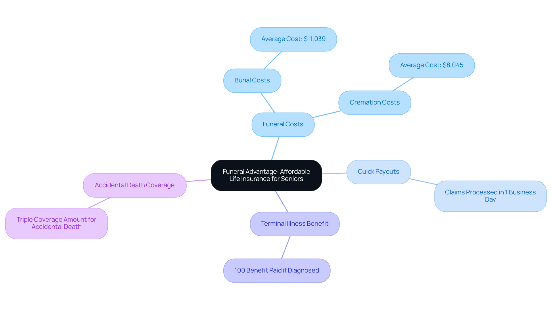 The central node represents Funeral Advantage, while the branches show important aspects like costs and benefits. Each color-coded branch helps you quickly identify different features of the insurance policy. The central node represents Funeral Advantage, while the branches show important aspects like costs and benefits. Each color-coded branch helps you quickly identify different features of the insurance policy.