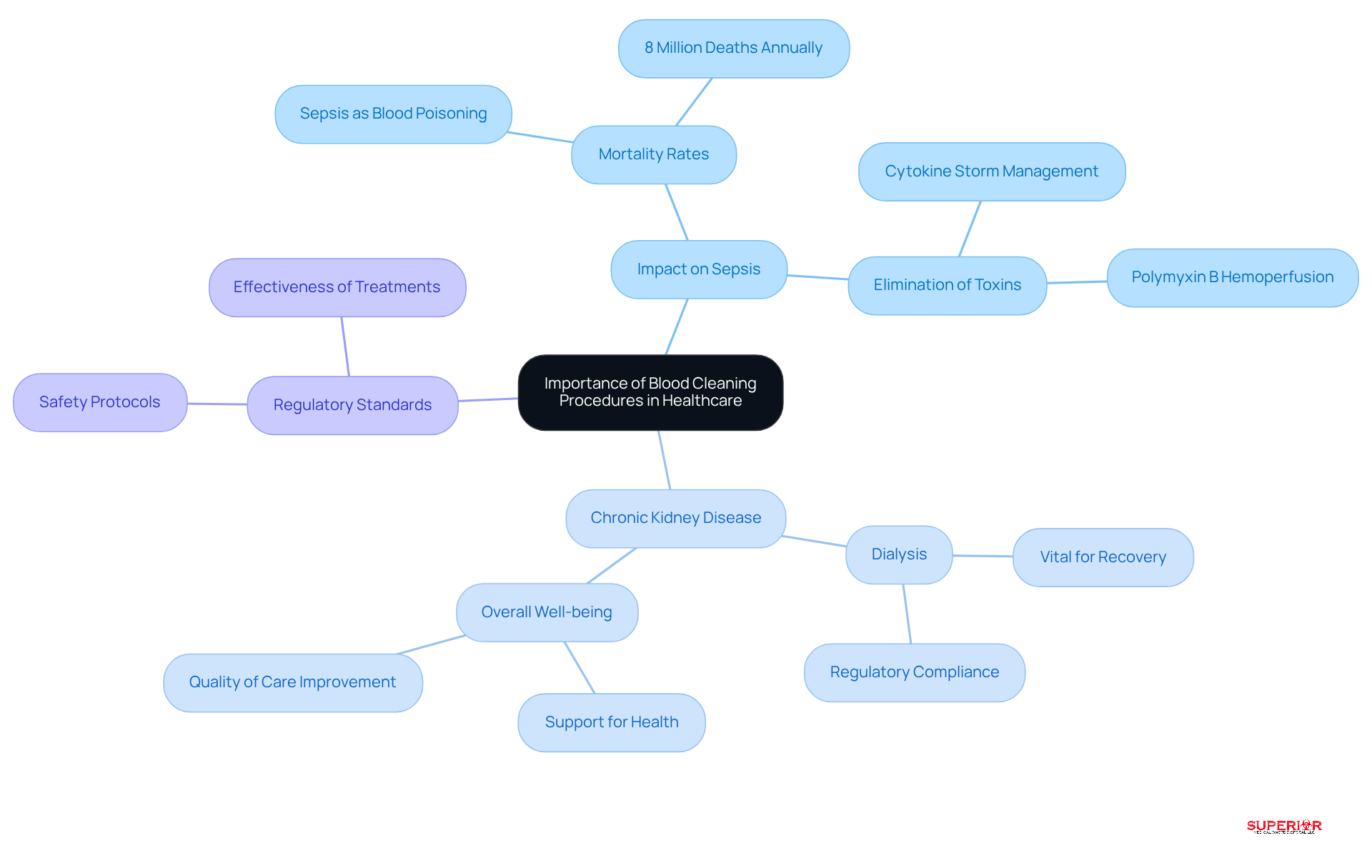 The central node represents the overall importance of blood cleaning procedures, while the branches show specific areas of impact and related details. Follow the branches to understand how these procedures affect patient care and outcomes.