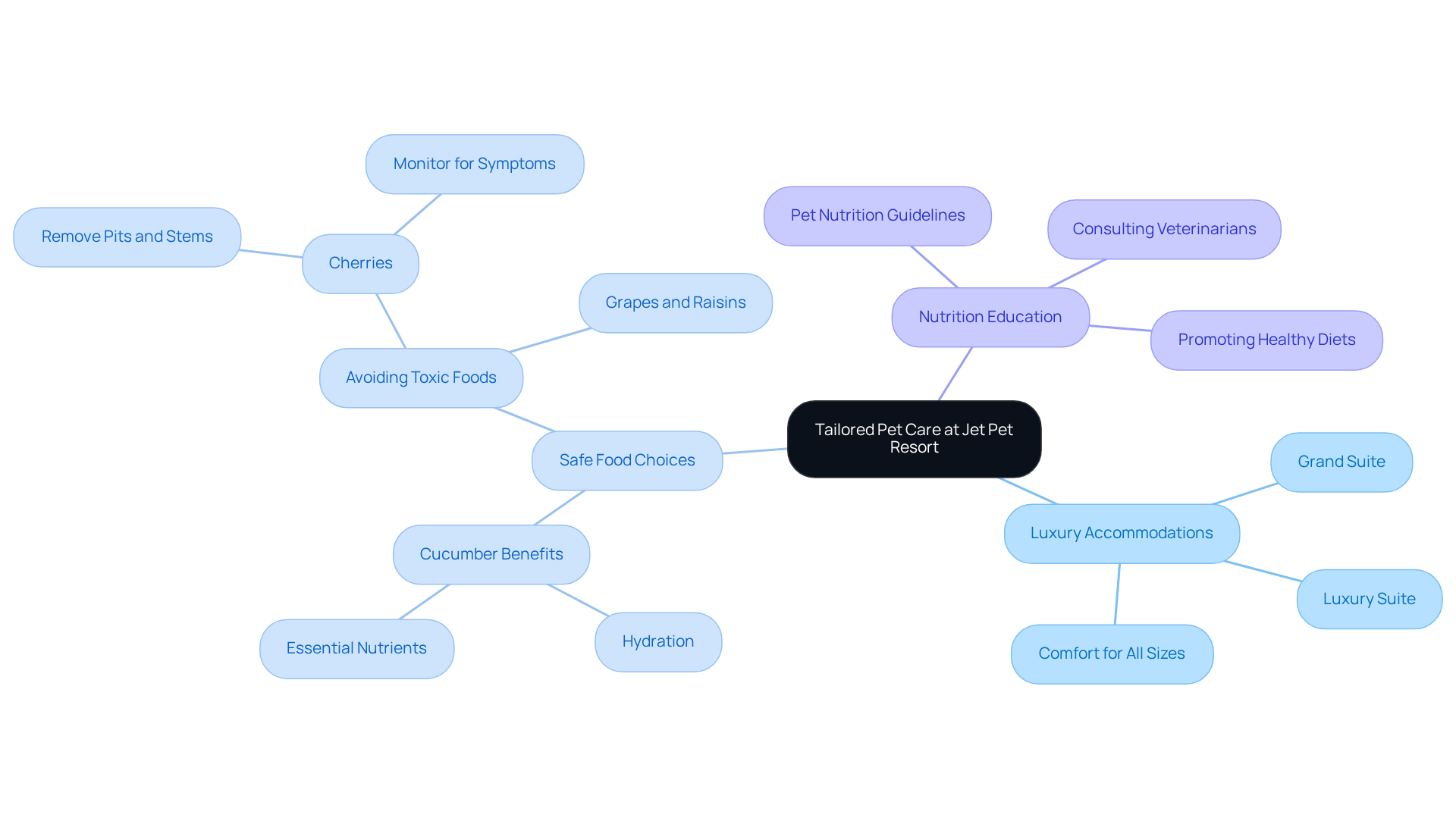 Start at the center with the core concept of tailored pet care. Follow the branches to explore different aspects of how Jet Pet Resort provides personalized care and nutrition for pets. Start at the center with the core concept of tailored pet care. Follow the branches to explore different aspects of how Jet Pet Resort provides personalized care and nutrition for pets.