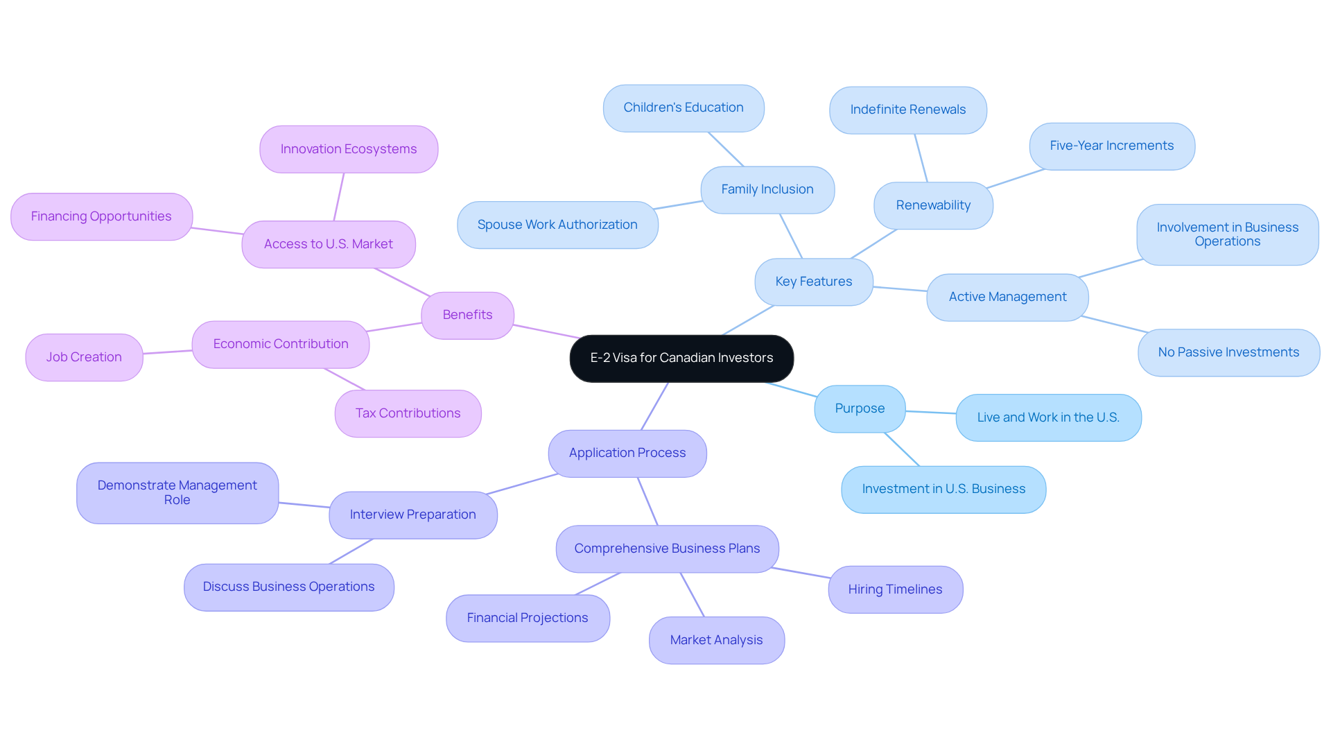 The central node represents the E-2 Visa, while the branches show its purpose, features, and benefits. Each branch helps you understand different aspects of the visa and how it can support Canadian entrepreneurs.