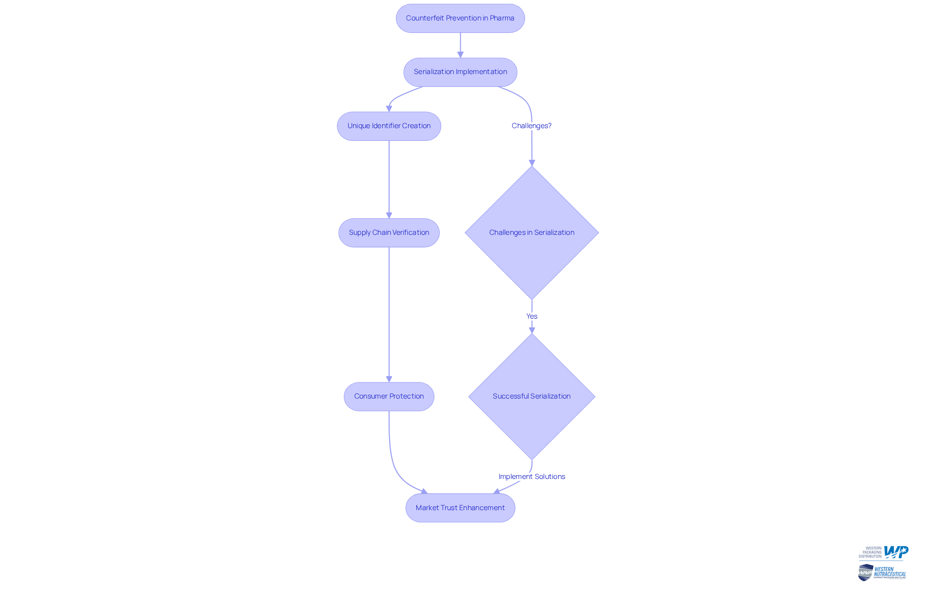 Follow the arrows to see how each step leads to preventing counterfeits. The flow starts with serialization and illustrates how each action reinforces consumer trust and product authenticity.