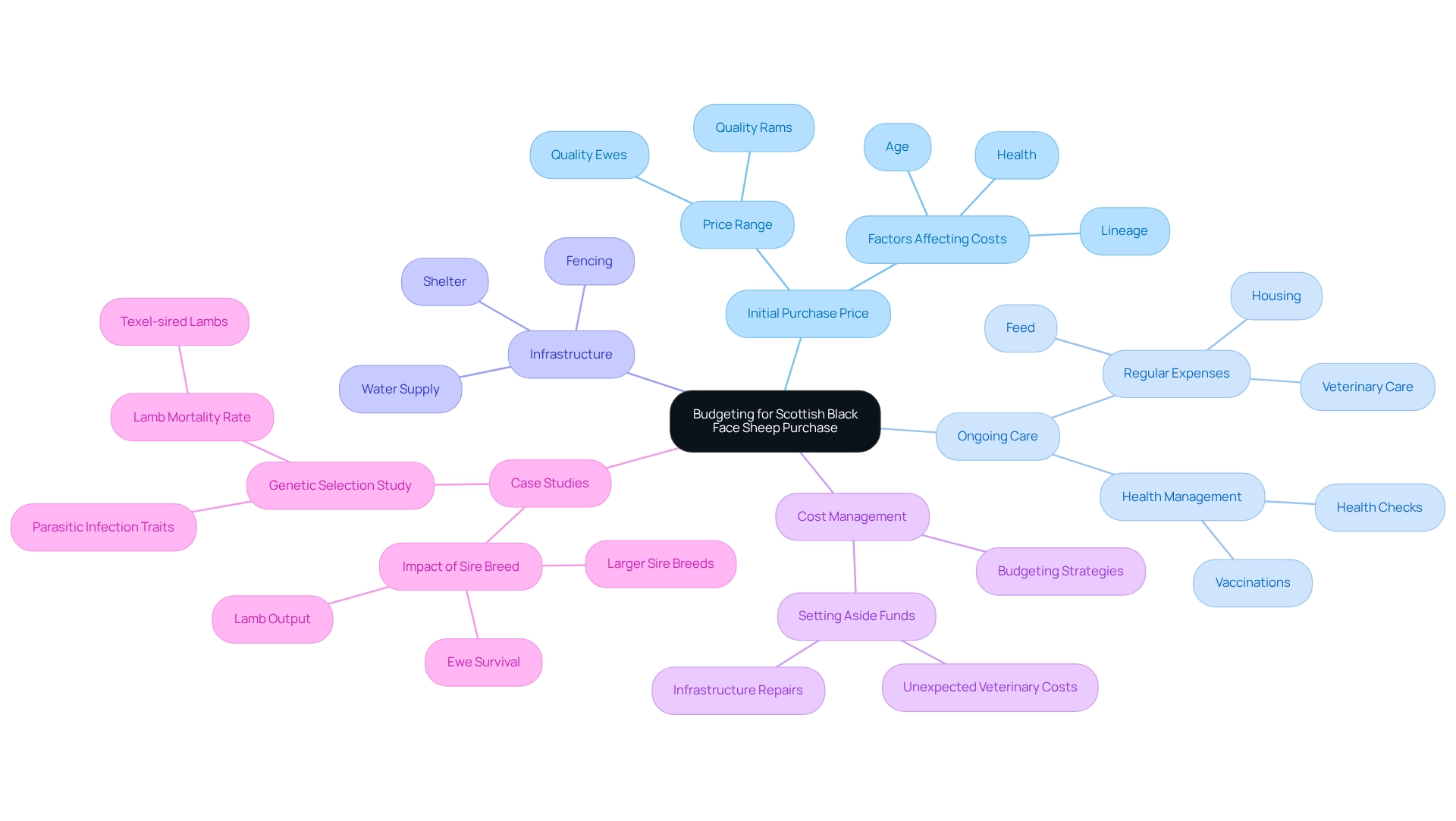 The central node represents the main budgeting topic, with branches for each category of expenses, color-coded for clarity.