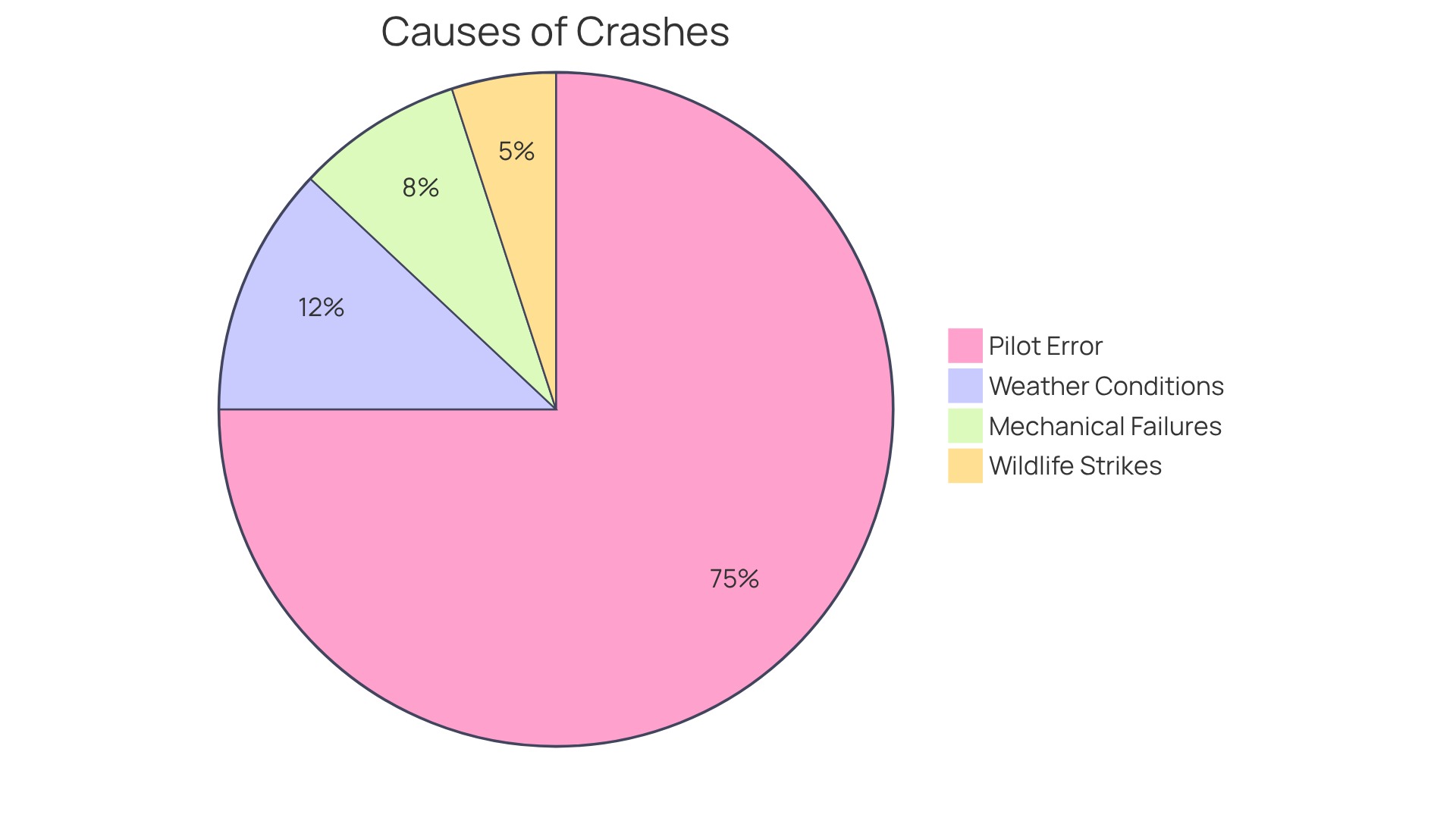 Each slice of the pie shows how much each cause contributes to small plane crashes. The bigger the slice, the more significant the cause. For example, Pilot Error is the largest slice, indicating it is responsible for the majority of accidents. Each slice of the pie shows how much each cause contributes to small plane crashes. The bigger the slice, the more significant the cause. For example, Pilot Error is the largest slice, indicating it is responsible for the majority of accidents.