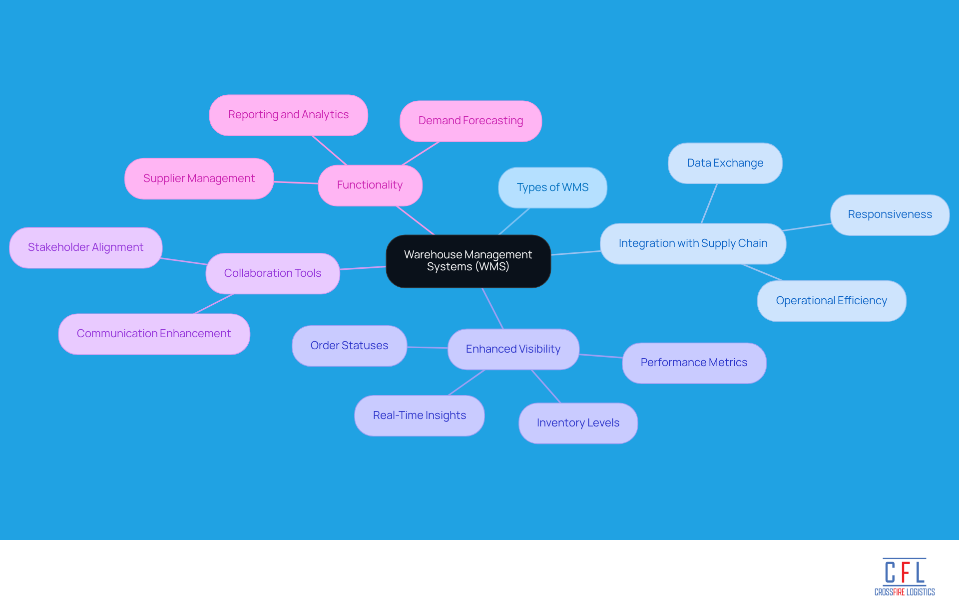 Start at the center with WMS, then explore each branch to understand how they integrate with supply chain processes and what functionalities they offer. Each color represents a different aspect of WMS, making it easy to navigate through the information. Start at the center with WMS, then explore each branch to understand how they integrate with supply chain processes and what functionalities they offer. Each color represents a different aspect of WMS, making it easy to navigate through the information.