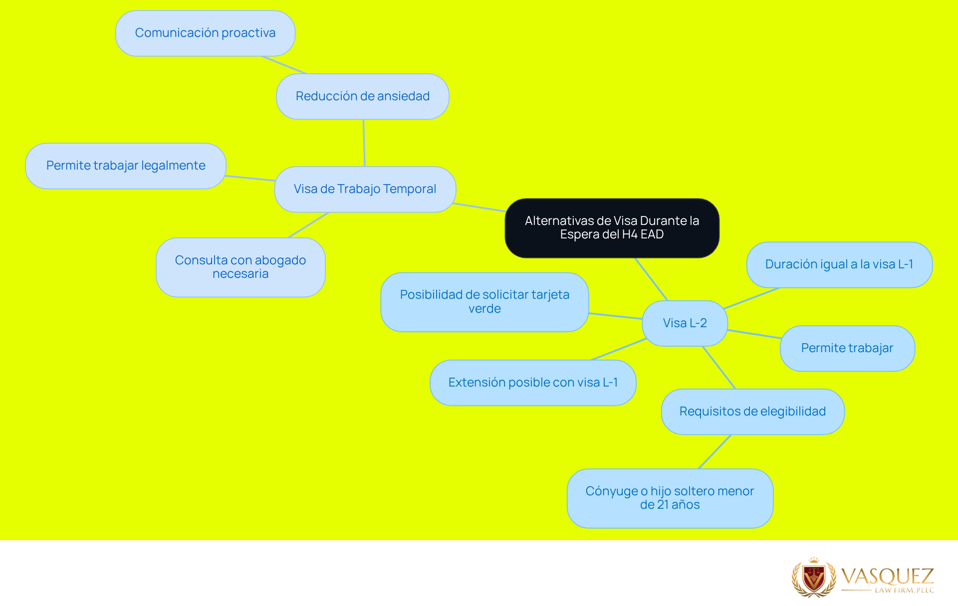 El nodo central muestra el tema principal, mientras que las ramas representan las diferentes opciones de visa. Cada sub-rama detalla características específicas, ayudando a los solicitantes a entender sus opciones.
