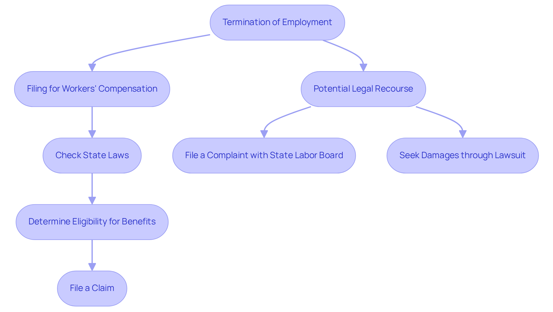 This flowchart guides you through the steps and options available after being terminated, especially regarding workers' compensation and legal actions. Follow the arrows to see what you can do next.