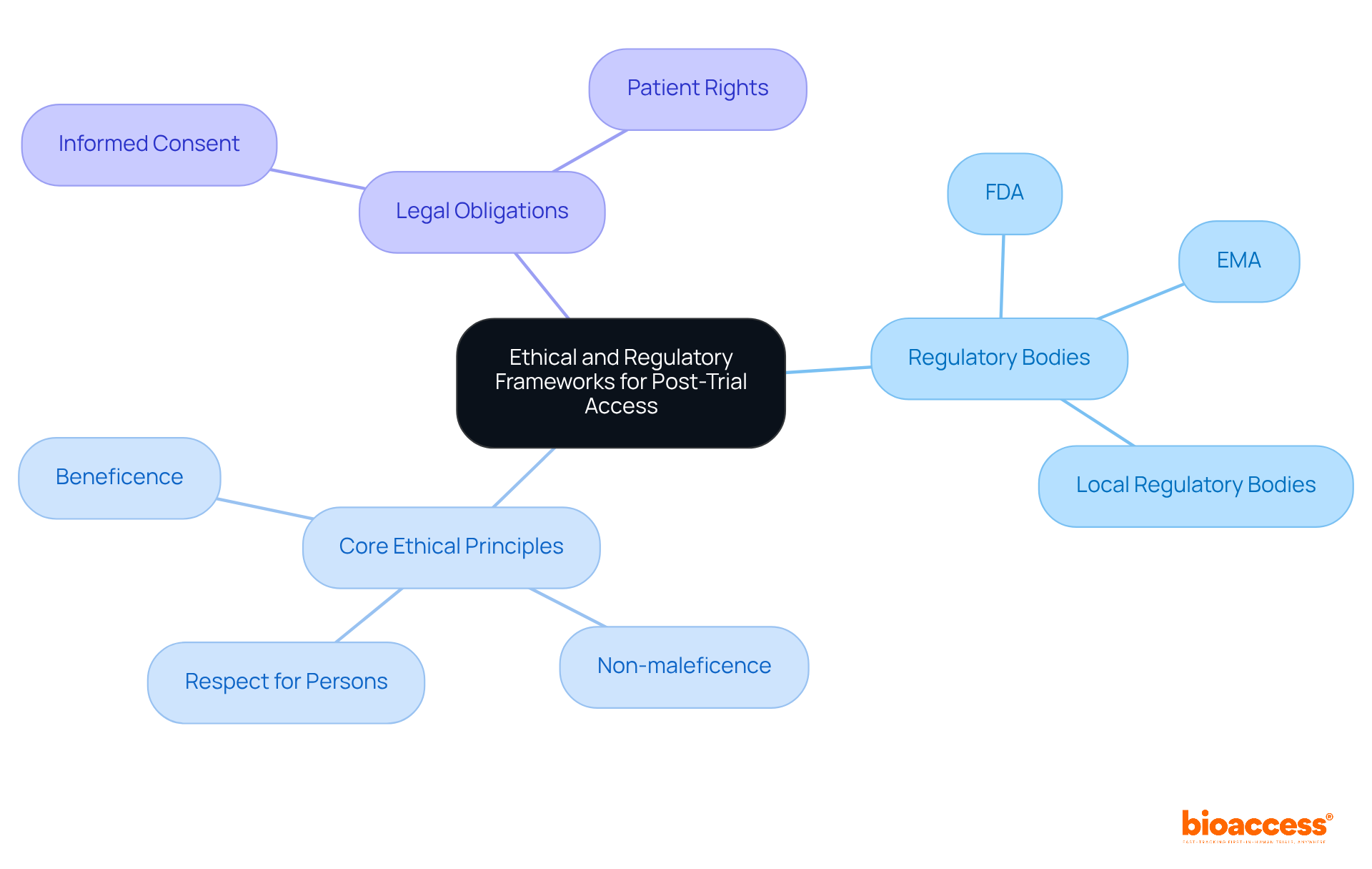 The center represents the main topic, while branches show key areas of focus. Each color-coded branch helps you see how different ethical and regulatory aspects relate to planning for post-trial access.