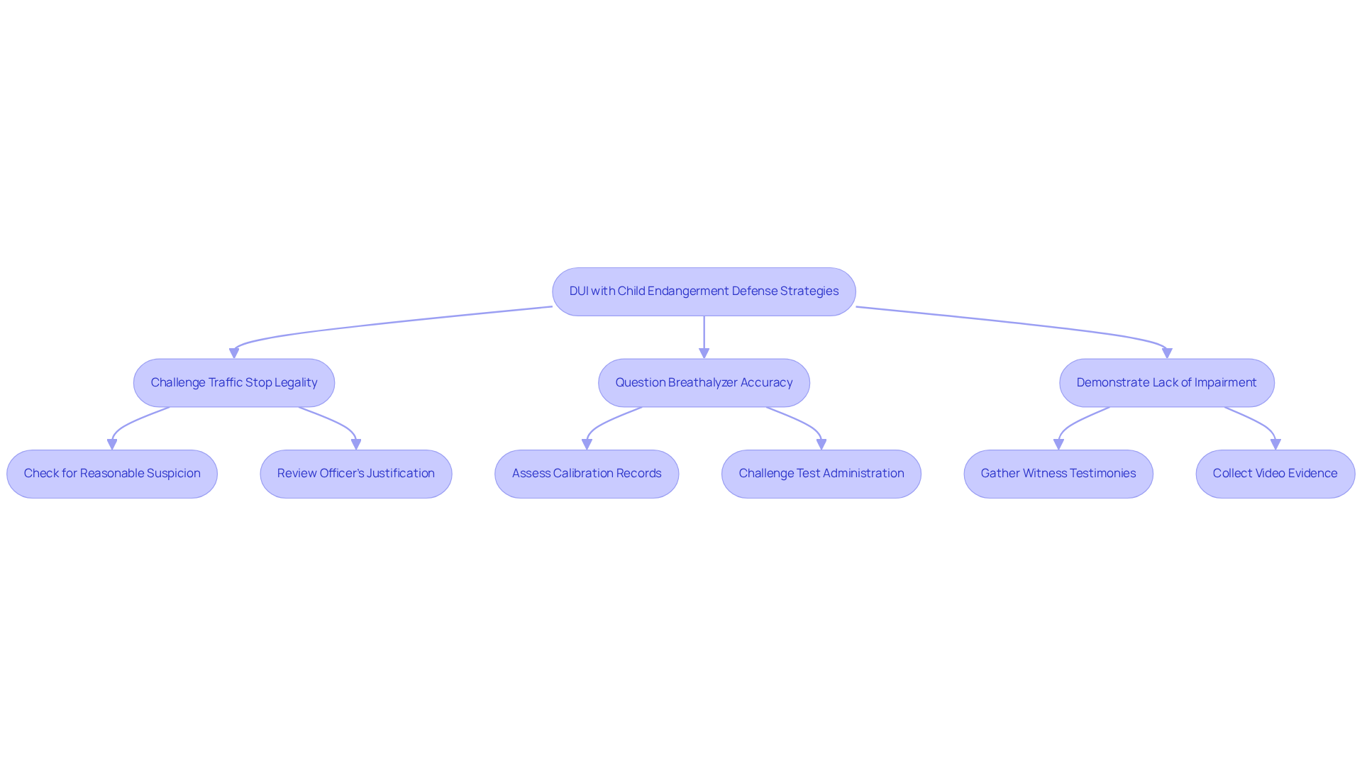 This flowchart outlines the key strategies for defending against DUI charges involving child endangerment. Start at the top with the main defense strategies, and follow the arrows to see the specific actions that can be taken under each strategy. Each box represents a step in the defense process, helping you understand how to build a strong case. This flowchart outlines the key strategies for defending against DUI charges involving child endangerment. Start at the top with the main defense strategies, and follow the arrows to see the specific actions that can be taken under each strategy. Each box represents a step in the defense process, helping you understand how to build a strong case.