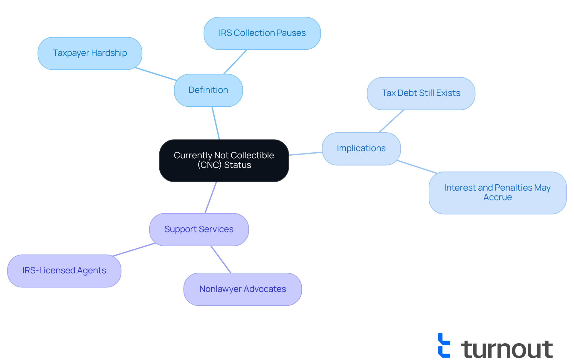 The central node represents CNC status, with branches showing its definition, implications, and available support. Each branch helps you understand different aspects of CNC status and how it affects taxpayers.