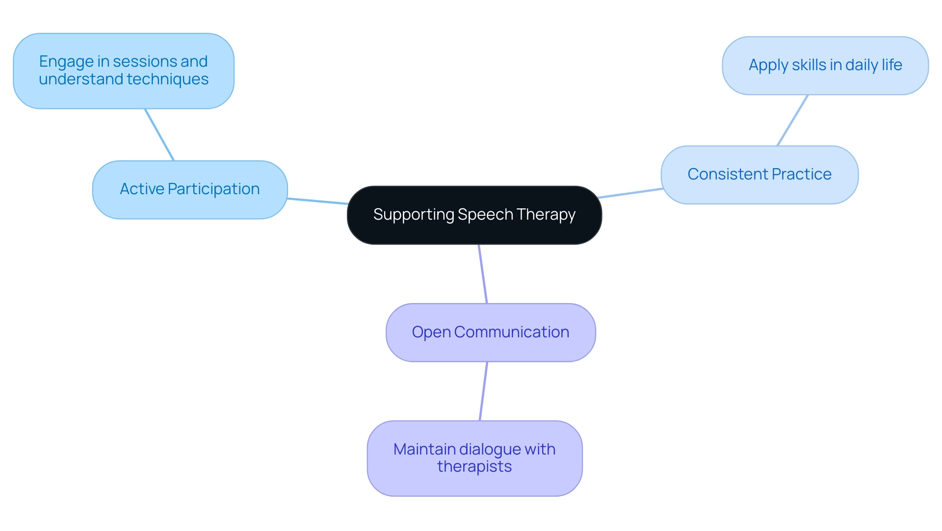 The central node represents the overall support for speech therapy, with branches showing the key strategies families can adopt.