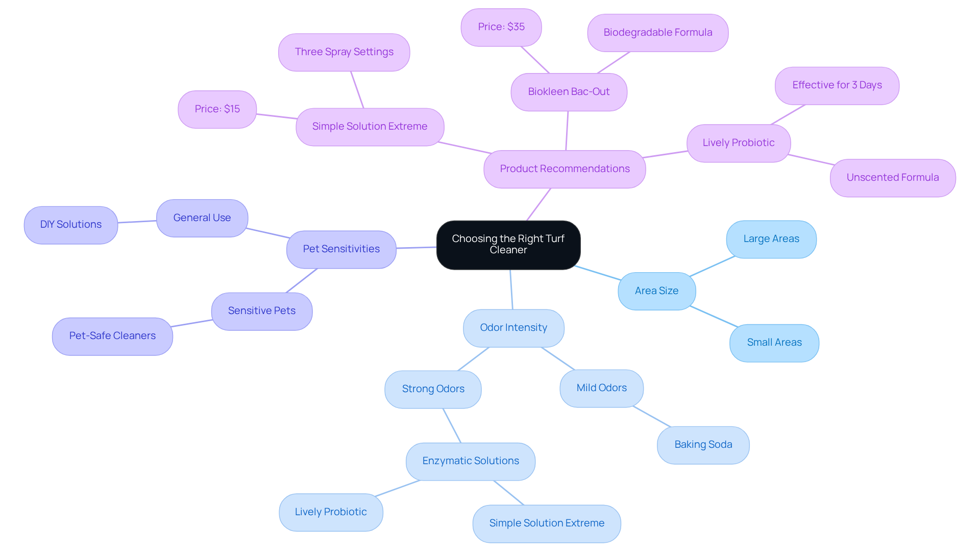 Begin at the center with the main topic, then explore the branches to see important factors and product suggestions. Each branch represents a different consideration in choosing the right cleaner.