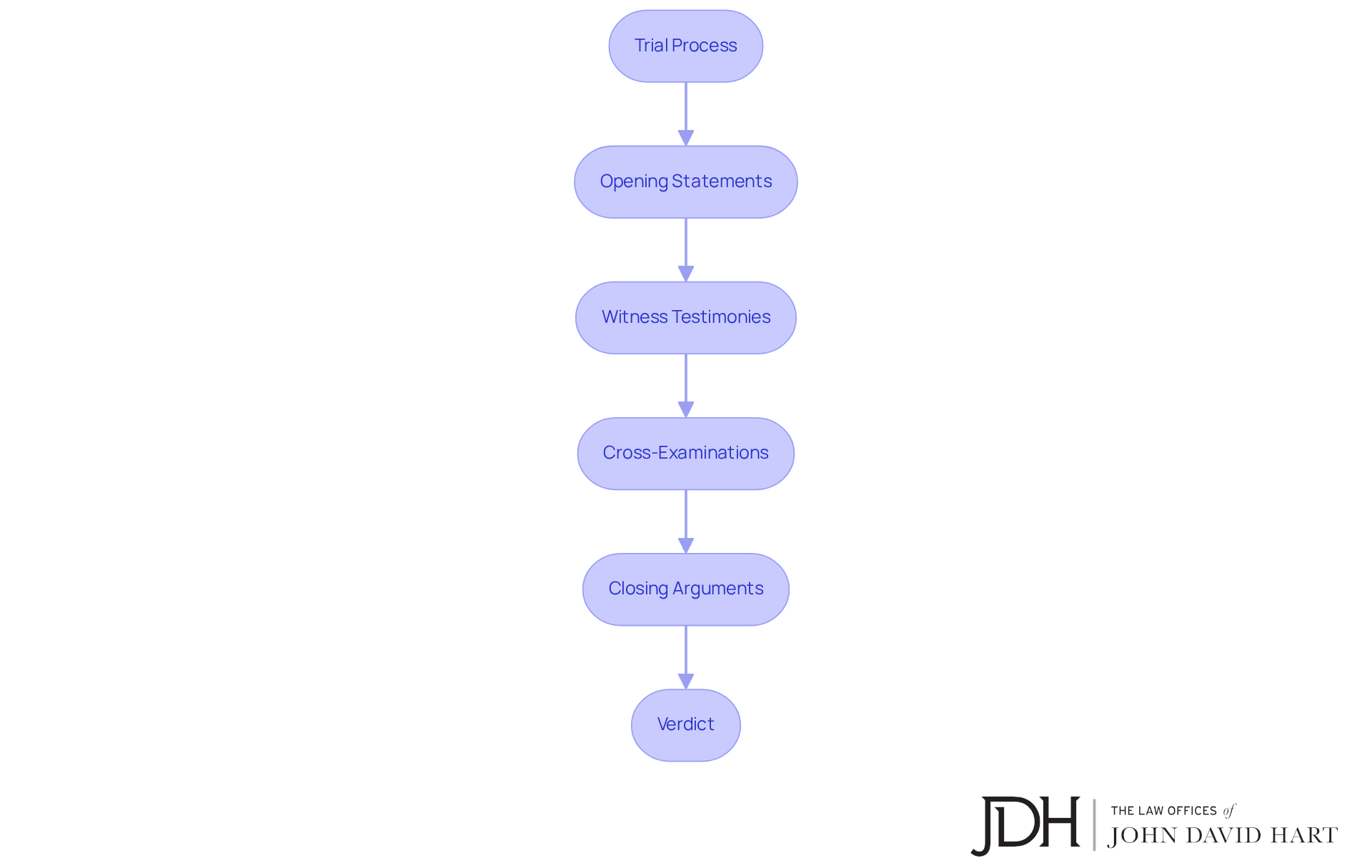 This flowchart shows the main steps in a trial. Each box represents a stage in the process, and the arrows indicate the order in which they happen. Following this flow helps you understand how a trial unfolds from start to finish.