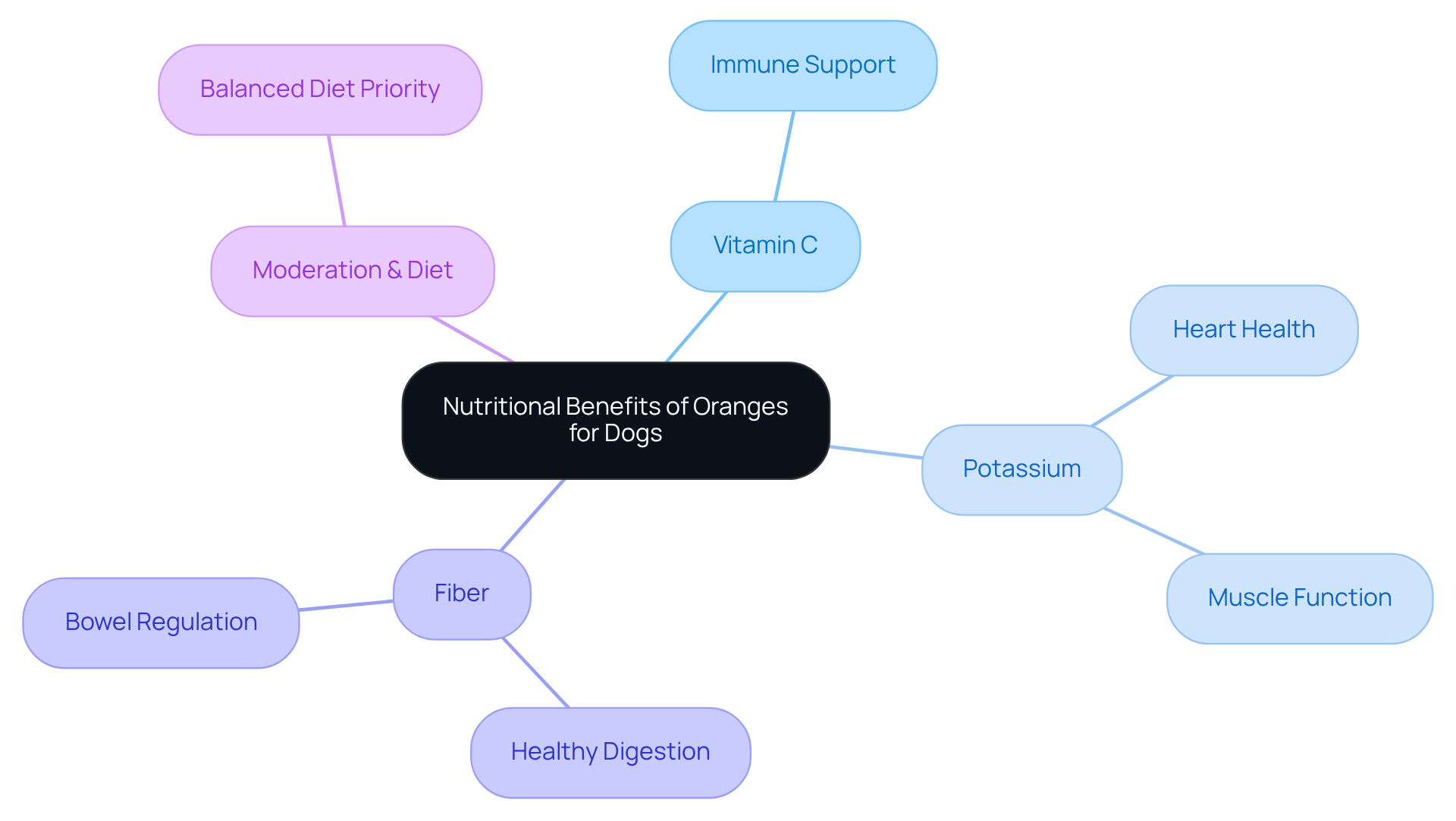 Start at the center with the main topic about oranges, and follow the branches to see how each nutrient contributes to your dog's health. Remember, while oranges are good in moderation, they should complement a balanced diet.