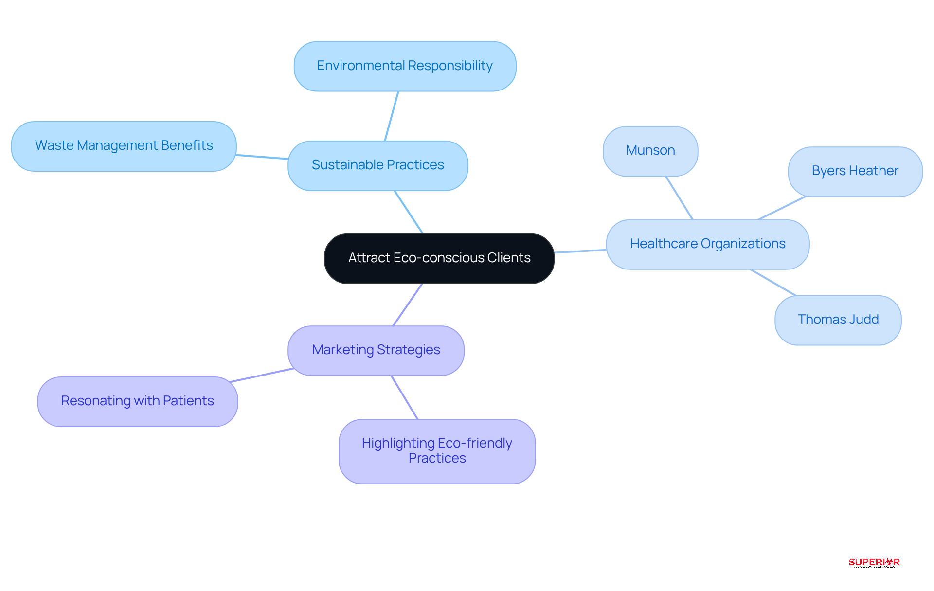 Start at the center with the main goal of attracting eco-conscious clients. Follow the branches to explore sustainable practices, specific healthcare organizations involved, and marketing strategies that highlight their commitment to the environment.