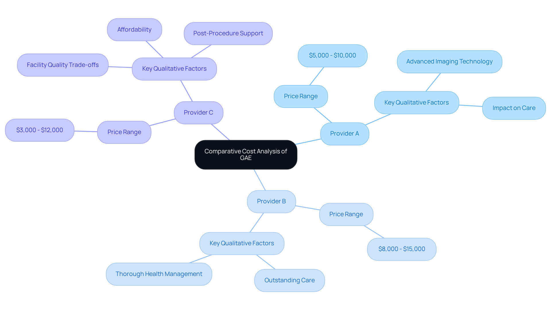 The central node represents the overall analysis, while each branch shows a provider's pricing and what makes their service unique. This helps you compare options at a glance.
