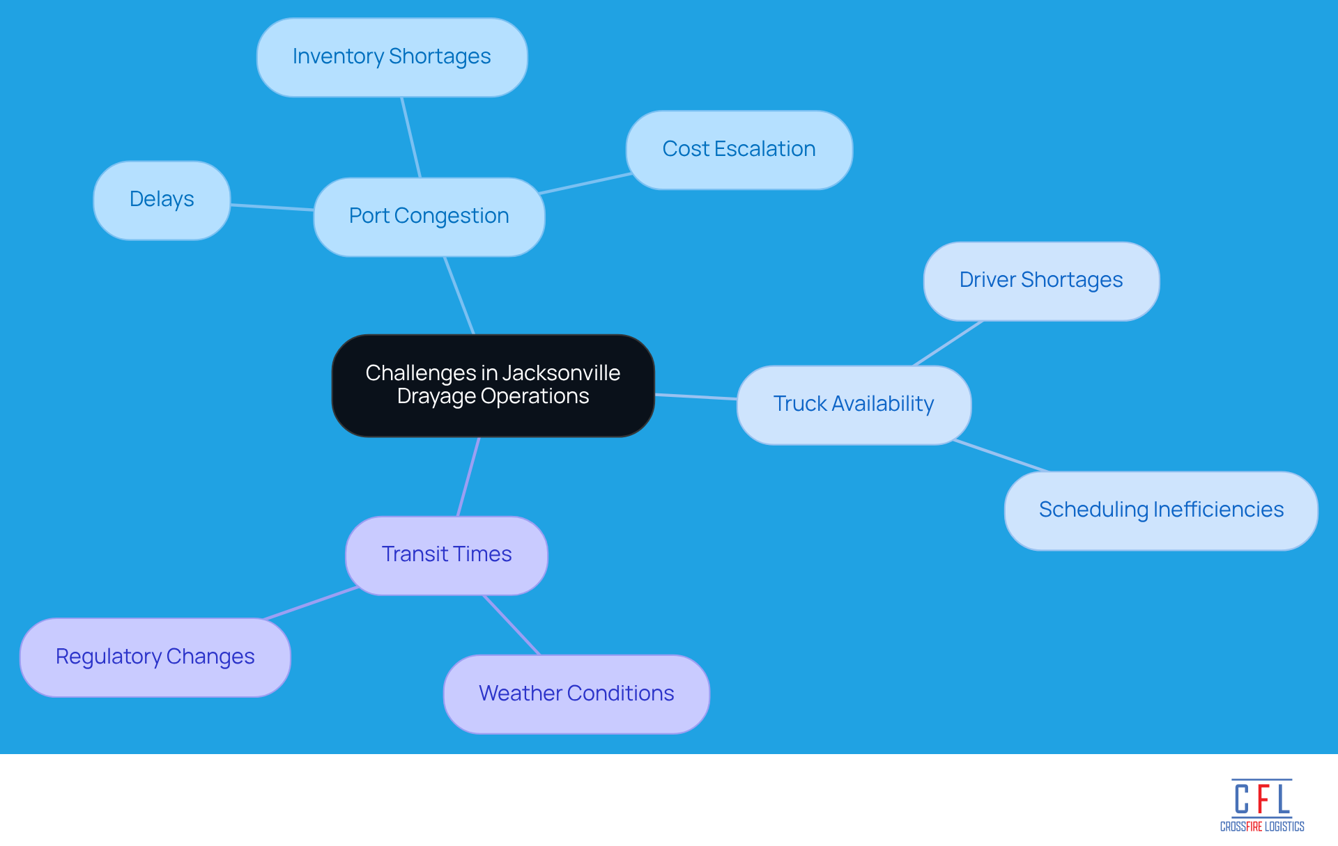 The central node represents the overall challenges, while the branches show specific issues related to each challenge. Follow the branches to understand how each problem affects the drayage operations.