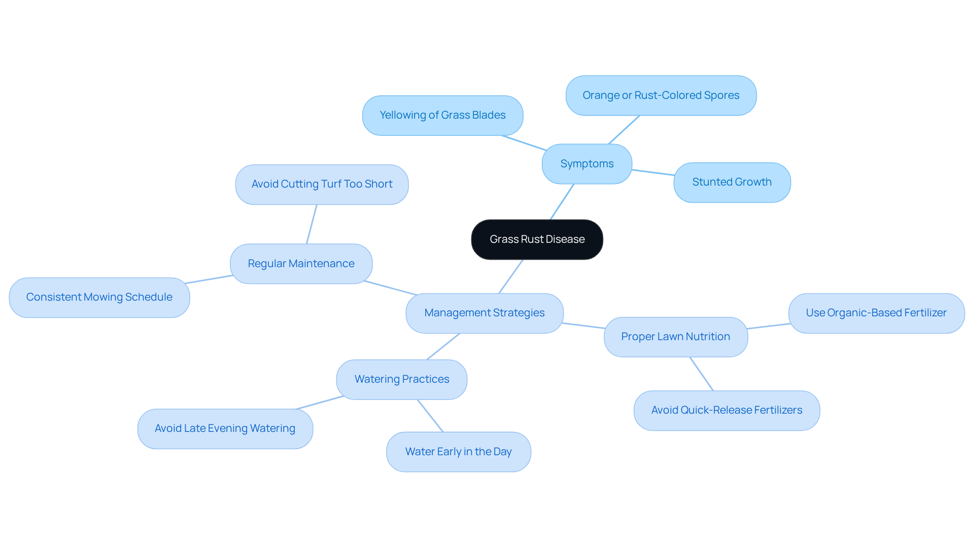 The center represents the grass rust disease, with branches showing symptoms to look out for and strategies to manage it. Follow the branches to see how each part connects to the main topic.