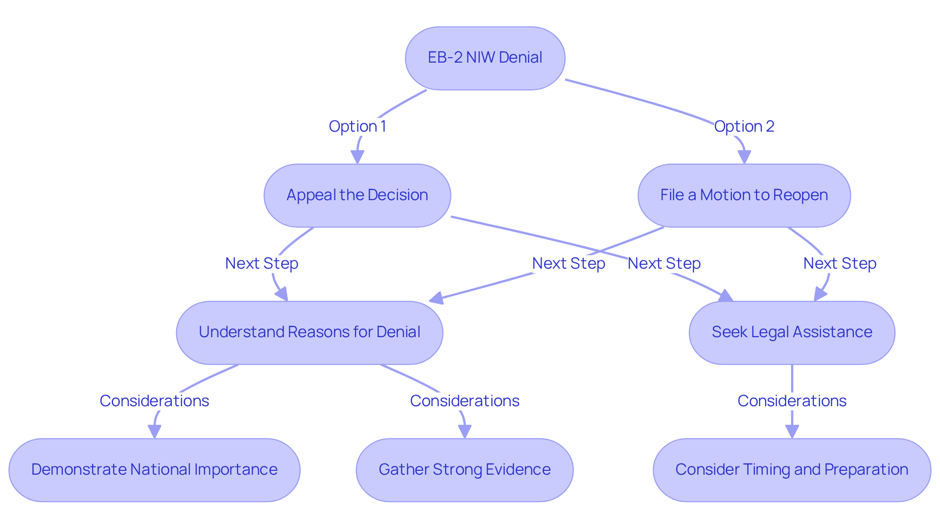 This flowchart guides you through your options after an EB-2 NIW denial. Follow the arrows to see what actions you can take and the important considerations at each step.