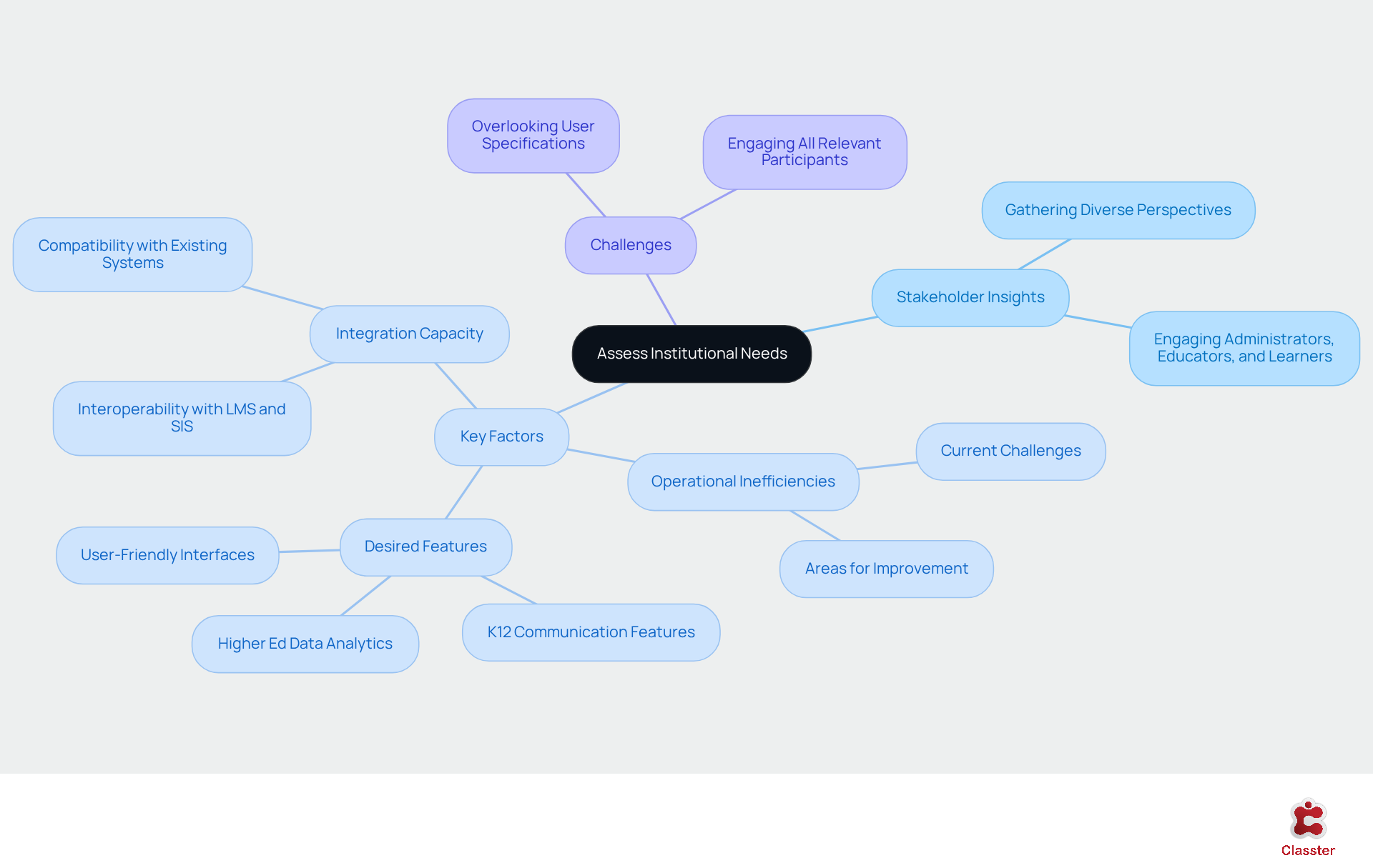 The center represents the main theme of assessing needs. Each branch shows a key area of focus, with further details and examples branching out to illustrate specific considerations and challenges.