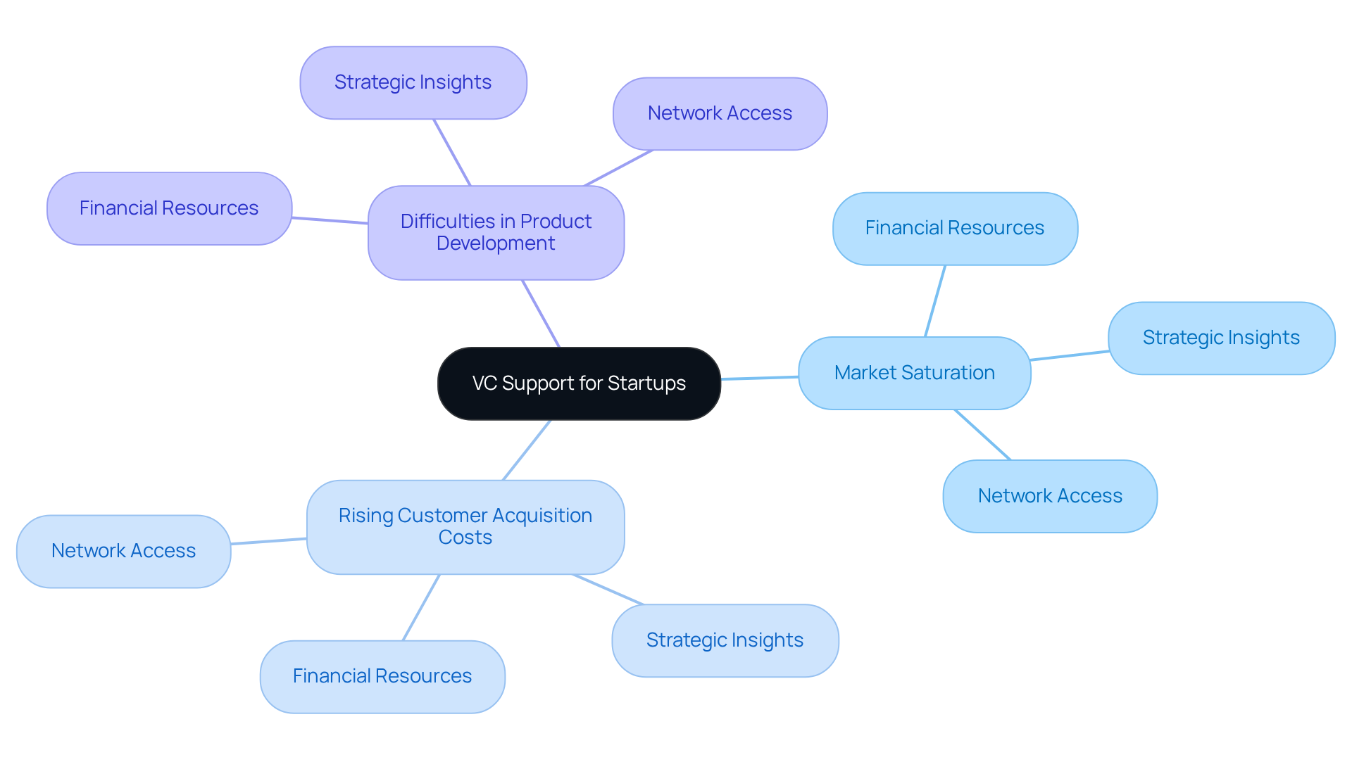 The center represents the main theme of VC support, while the branches illustrate the specific challenges startups face and how VCs help address them. Each color-coded branch makes it easy to see the connections and solutions.