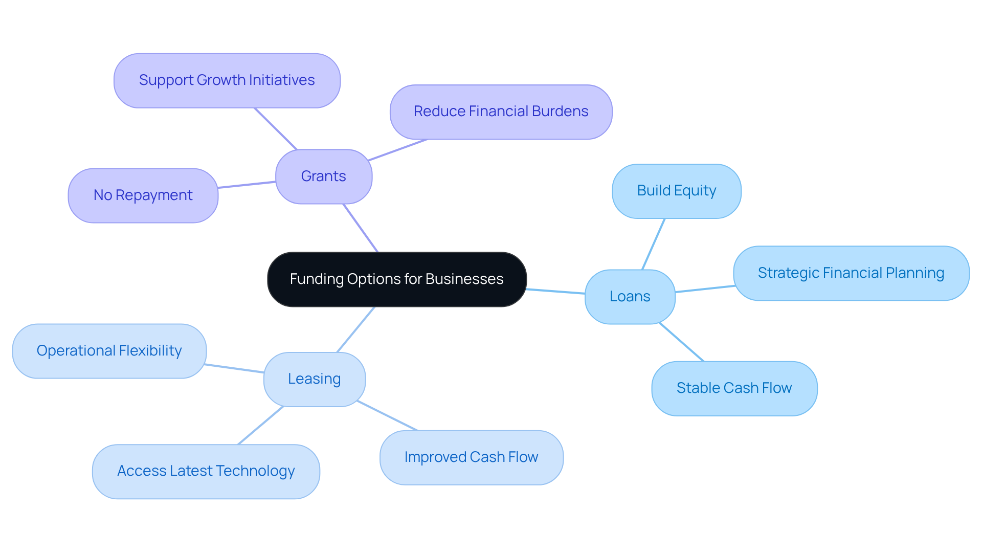 The central node represents the main topic of funding options. Each branch shows a different funding method, with sub-branches detailing their specific benefits. This layout helps you see how each option can fit into a company's financial strategy.