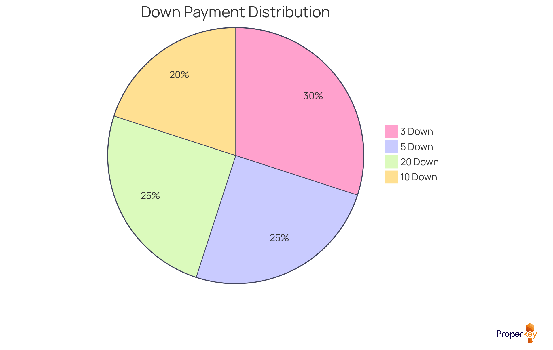 Each slice of the pie shows a different down payment percentage that buyers might choose. The larger the slice, the more common that down payment option is among buyers. This helps you see how many people are opting for lower versus higher down payments. Each slice of the pie shows a different down payment percentage that buyers might choose. The larger the slice, the more common that down payment option is among buyers. This helps you see how many people are opting for lower versus higher down payments.