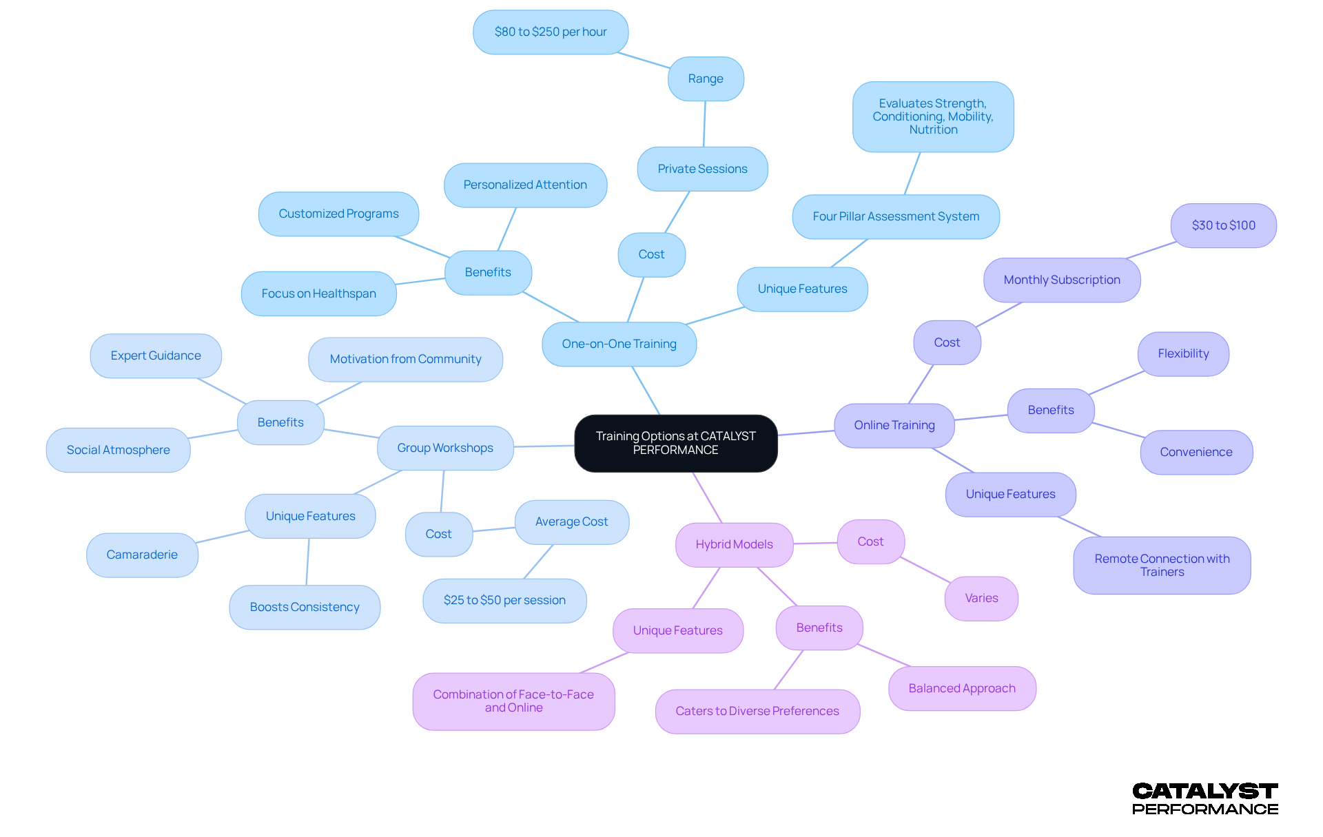 The central node represents the main topic of training options. Each branch shows a different format, with sub-branches providing details like costs and benefits. This layout helps you compare and understand the various choices available for your fitness journey.