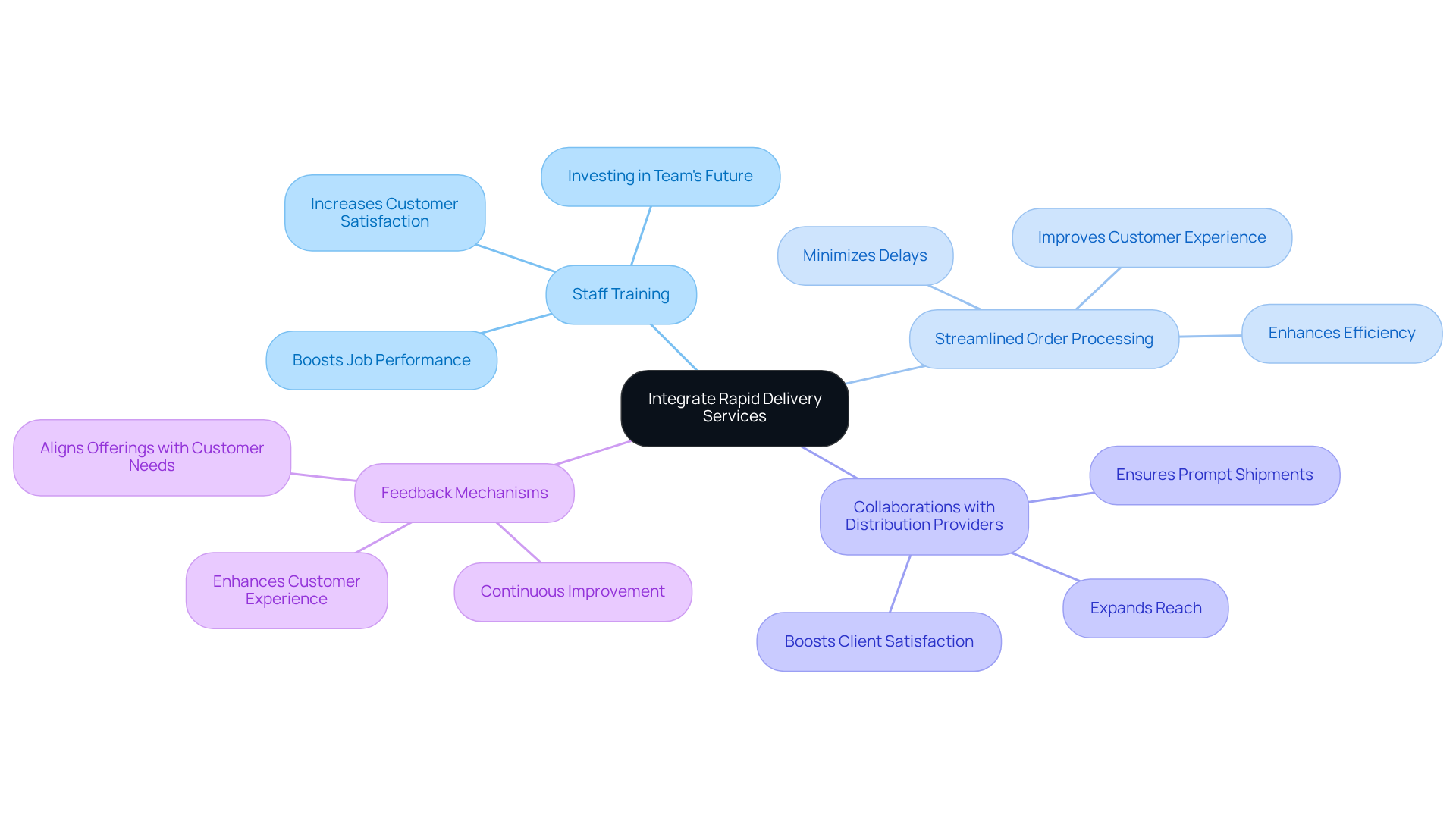 The central node represents the main goal of integrating rapid delivery services, while each branch highlights a specific strategy. Follow the branches to see how each strategy contributes to improving service quality and customer satisfaction.