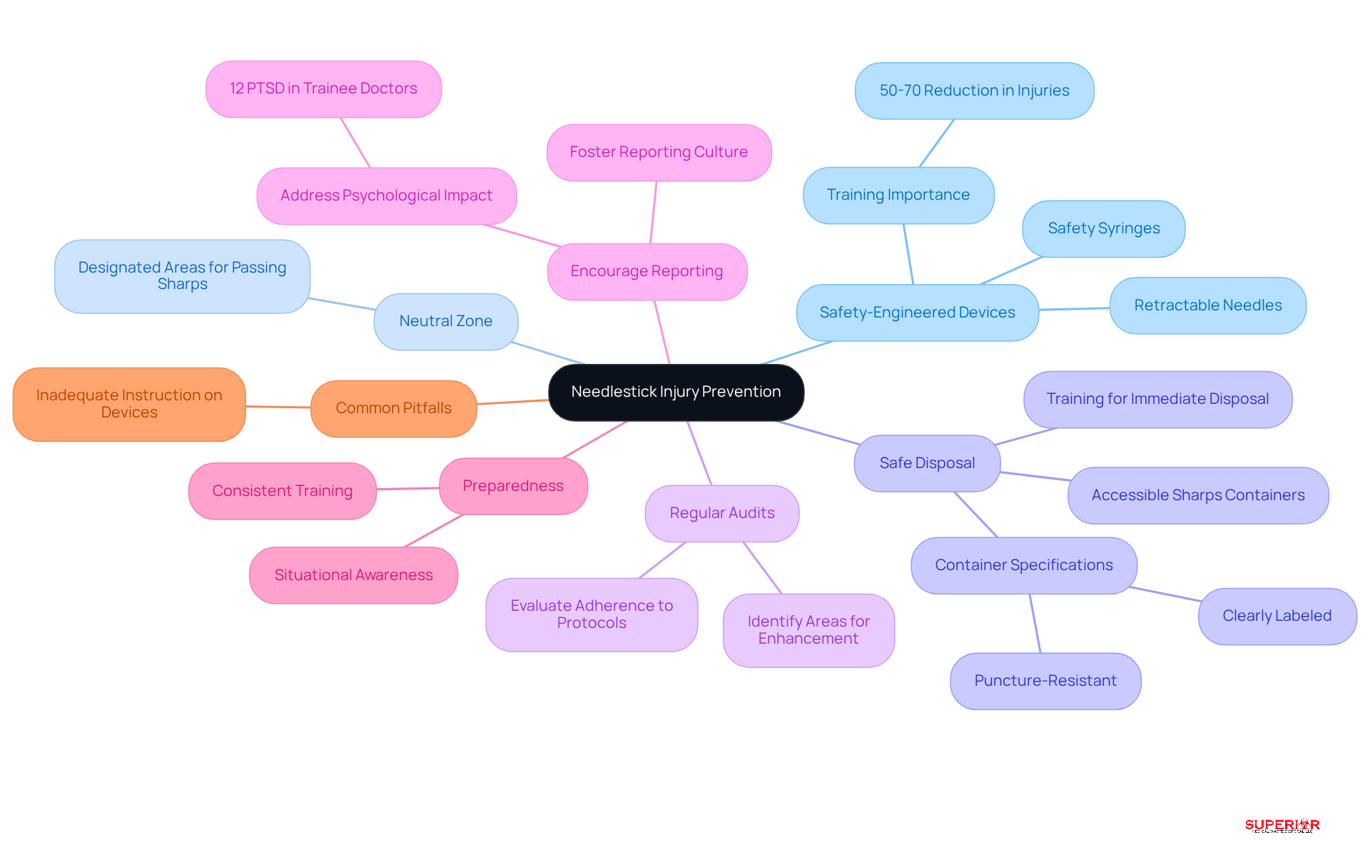 The central node represents the overall goal of preventing needlestick injuries, while each branch highlights a specific practice. Follow the branches to explore detailed actions and insights that contribute to a safer healthcare environment.