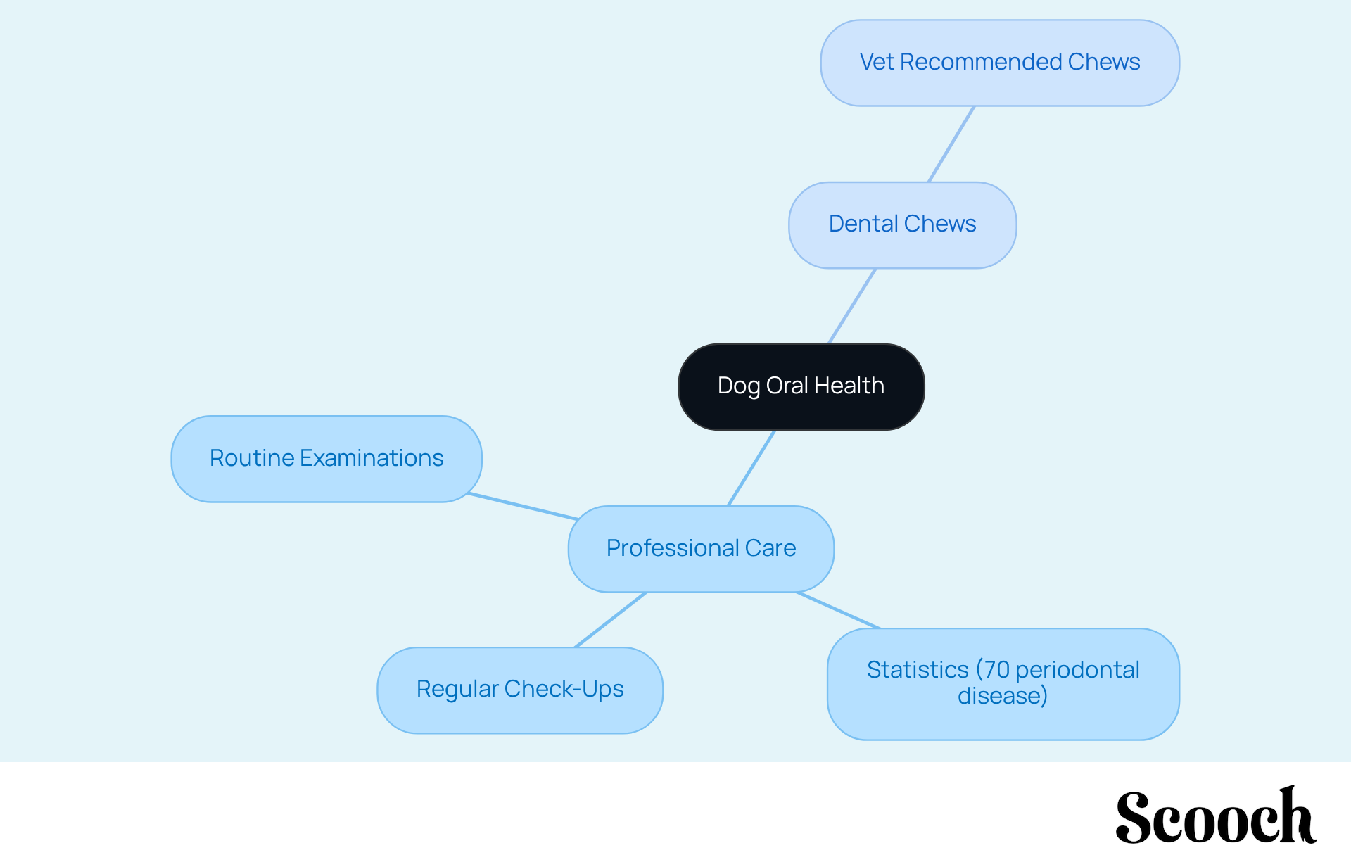 The central node represents the overall theme of dog oral health. The branches show the two main aspects: professional care and dental chews, with further details on each aspect. This layout helps you see how everything connects and why both are important for your dog's health. The central node represents the overall theme of dog oral health. The branches show the two main aspects: professional care and dental chews, with further details on each aspect. This layout helps you see how everything connects and why both are important for your dog's health.