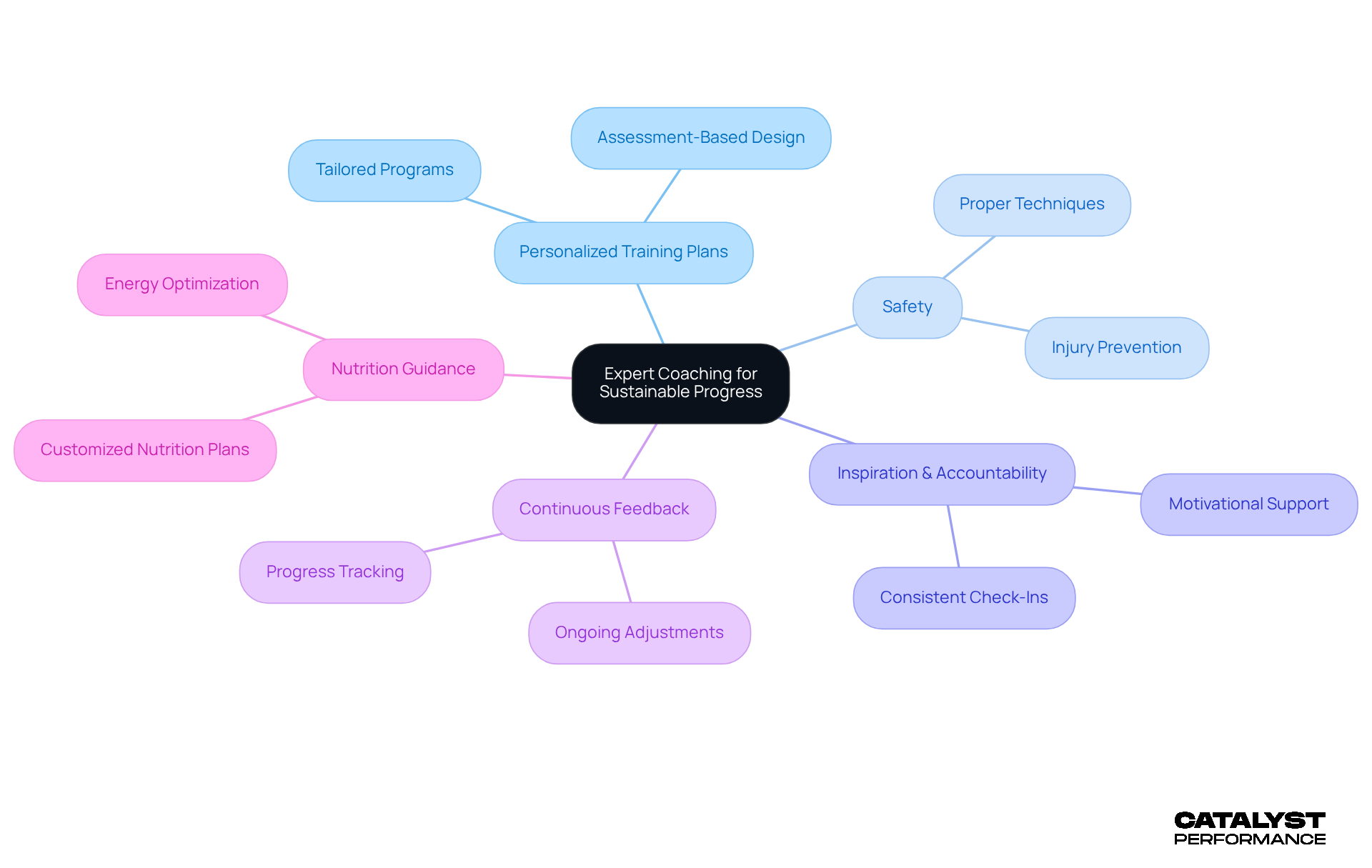 The center represents the core idea of expert coaching, while the branches show how different aspects contribute to a successful wellness journey. Each color-coded branch highlights a key area of focus, making it easy to follow the connections.