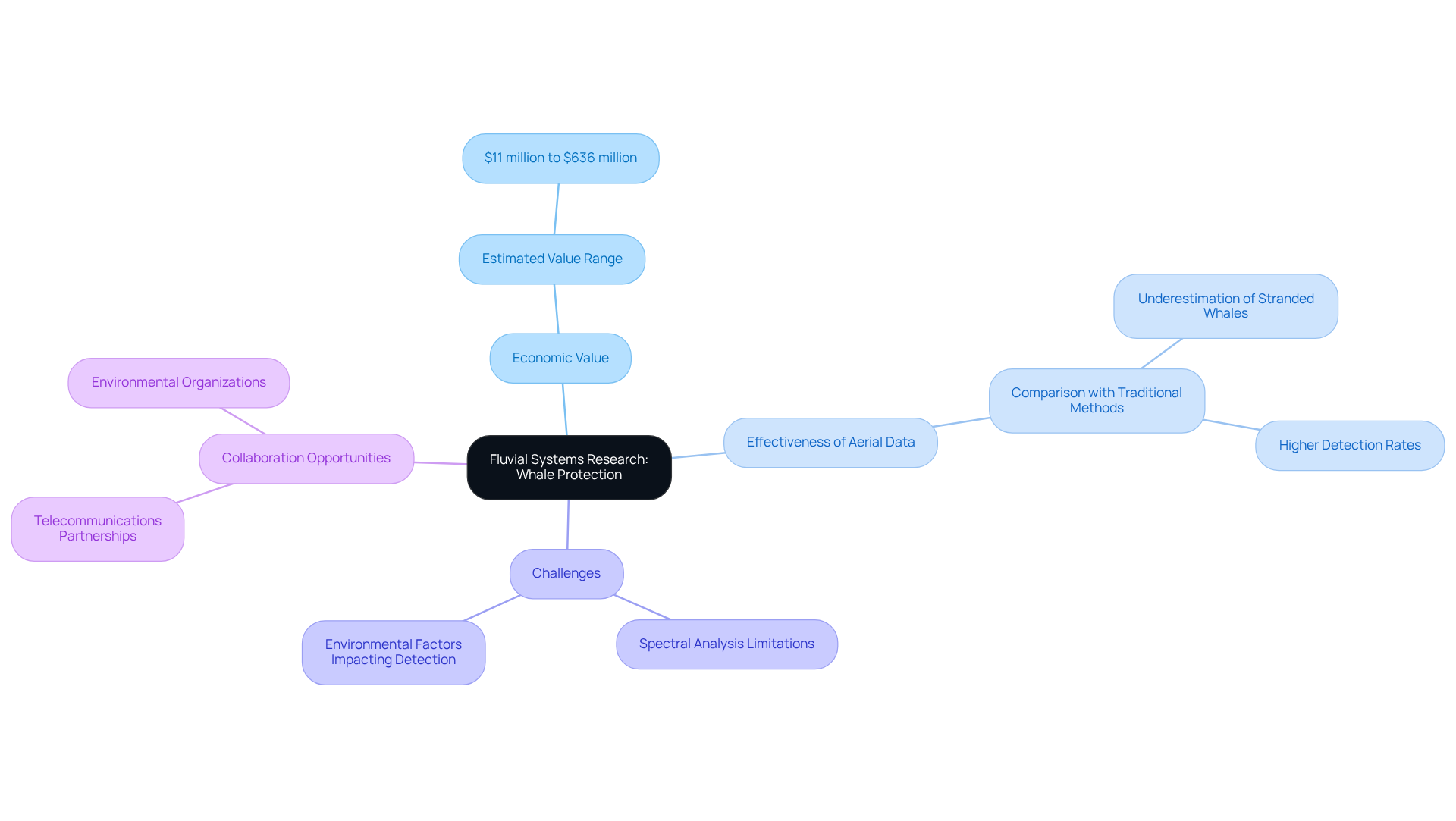The central node represents the main research focus, while the branches show different aspects of how aerial data contributes to whale conservation. Each branch provides insights into economic benefits, effectiveness, challenges, and potential partnerships.