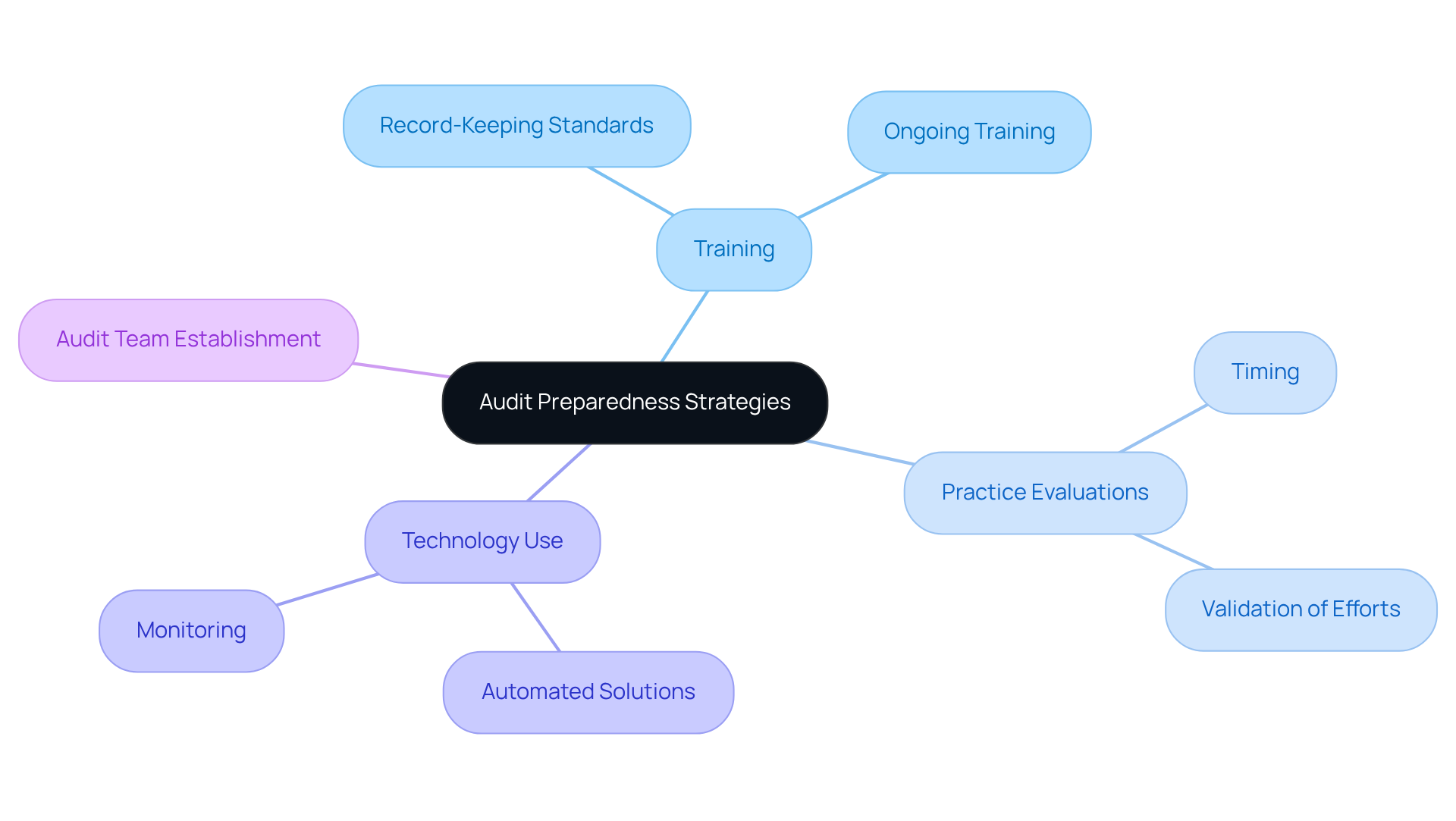 The center represents the main goal of audit preparedness, with branches showing different strategies. Each sub-branch provides specific actions or considerations related to that strategy.
