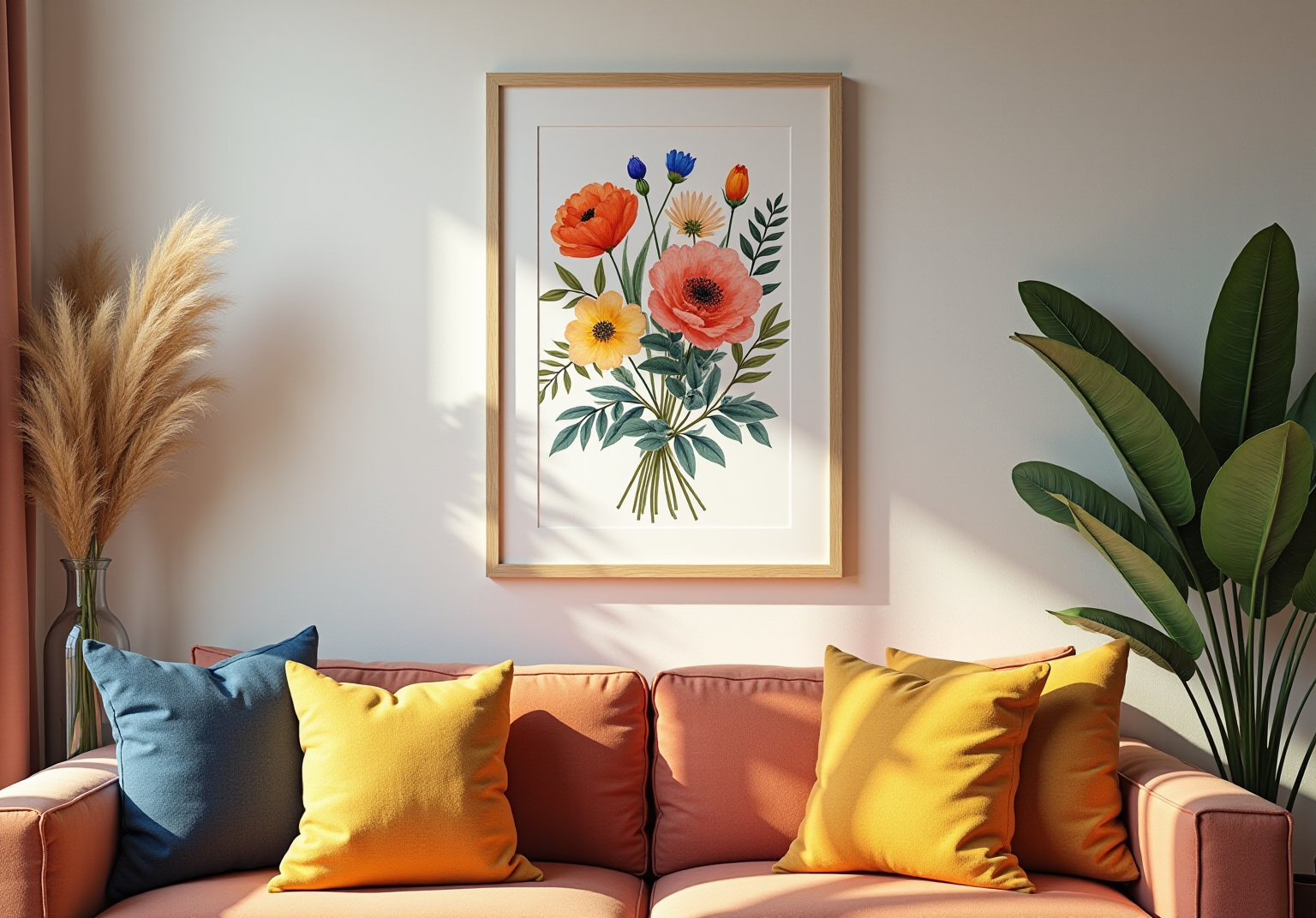 Vibrant Watercolor Flower Illustrations in Cozy Interior Vibrant Watercolor Flower Illustrations in Cozy Interior