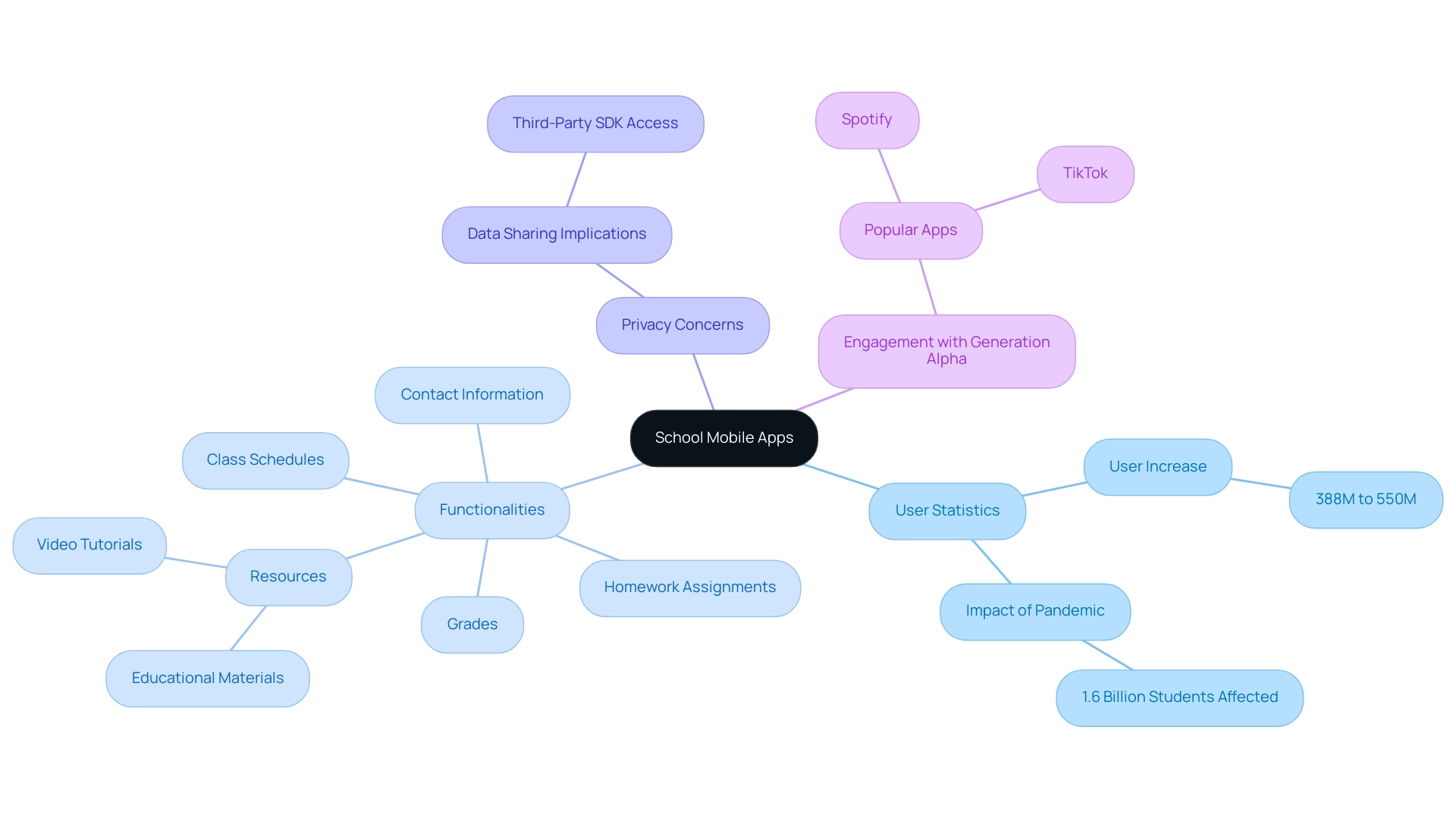 The central node represents the main topic, with branches illustrating user statistics, functionalities, privacy concerns, and engagement trends among users.