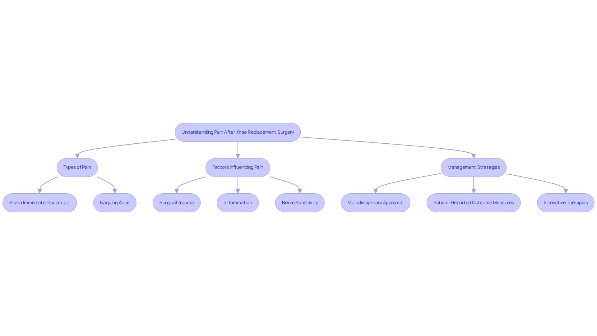 This flowchart guides you through the journey of understanding pain after knee replacement surgery. Start at the top to see the types of pain you might experience, then follow the arrows to learn about the factors that influence pain and the strategies available to manage it. Each step is designed to help you navigate your recovery more effectively.