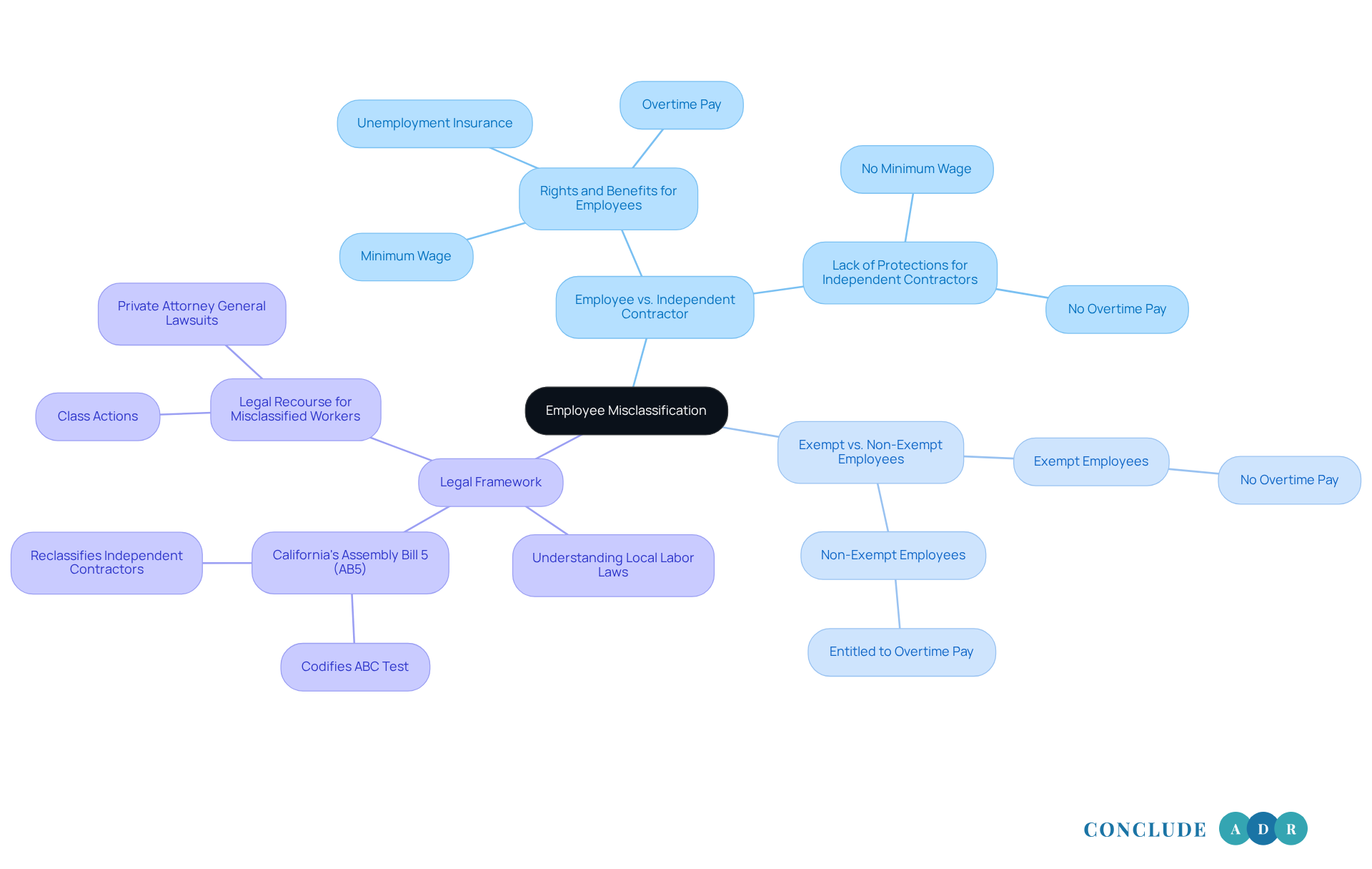 The center represents the main topic of employee misclassification. Each branch shows a different classification type, with further details on rights and legal implications. Follow the branches to explore each area and understand your rights better.