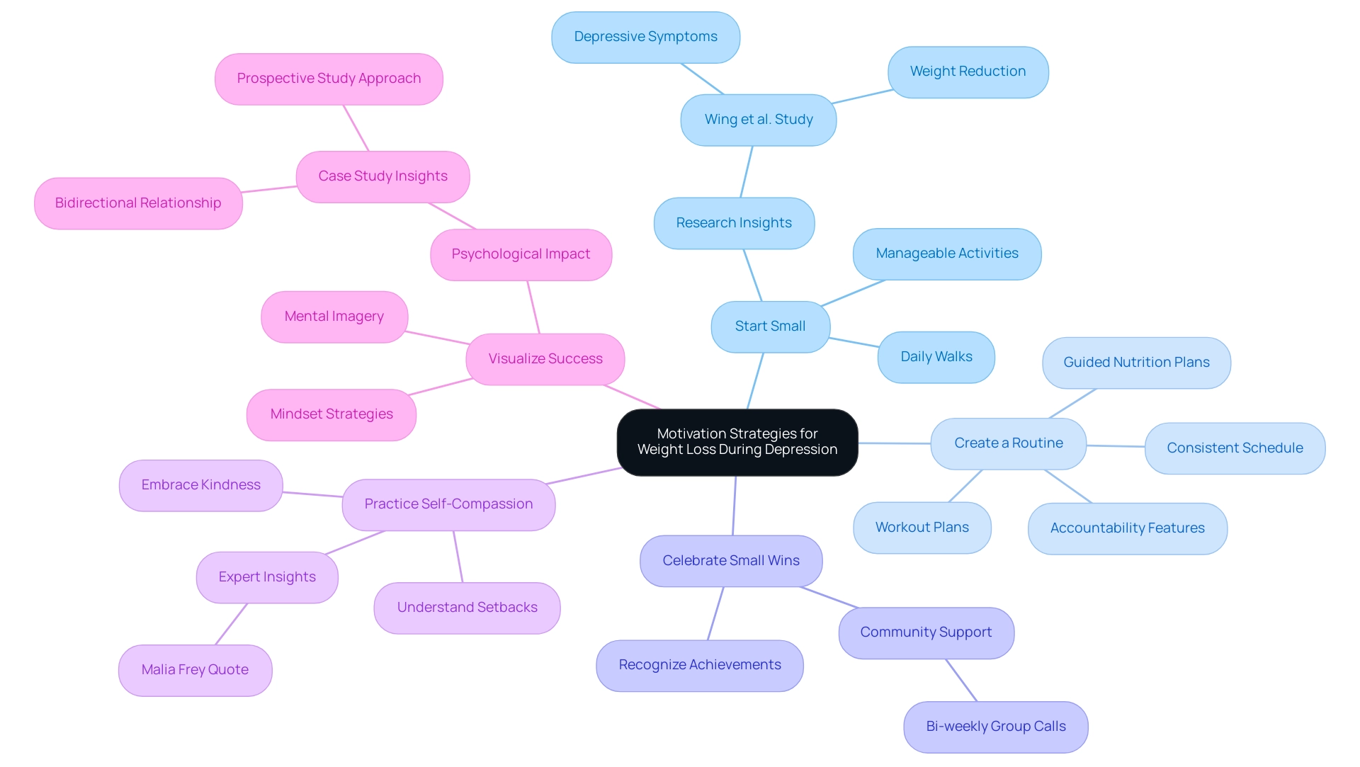 Each branch represents a strategy with its sub-branches detailing supporting actions and insights related to that strategy.