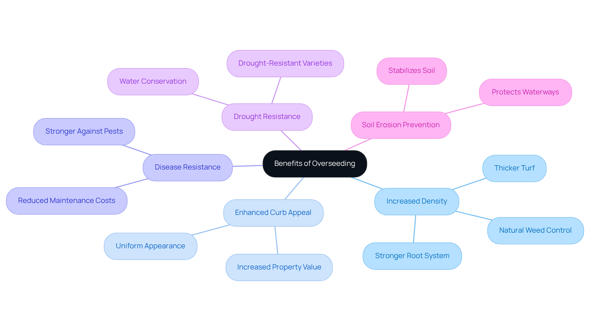 The central node represents overseeding, and each branch shows a key benefit. Follow the branches to see how each benefit contributes to a healthier lawn.