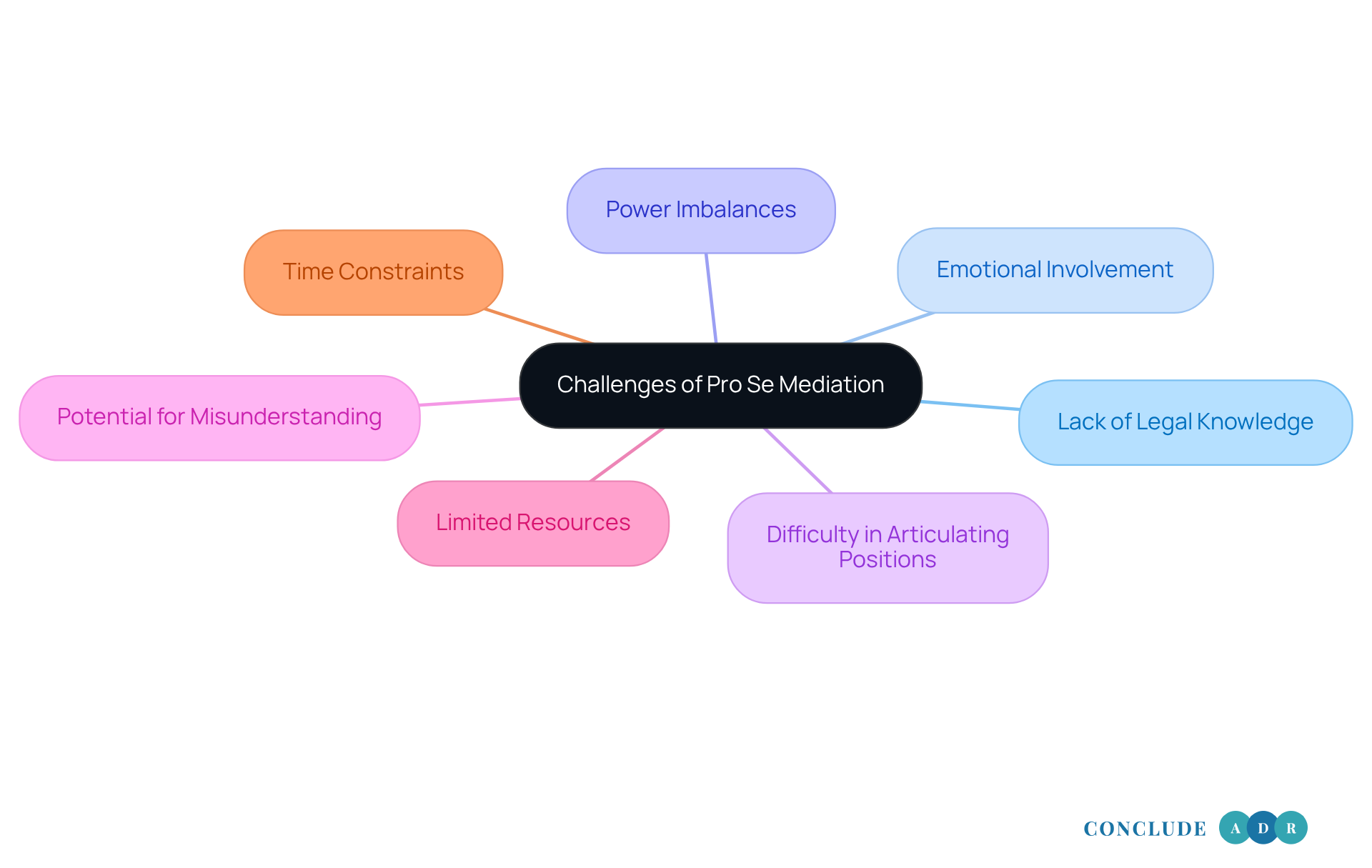 Each branch represents a specific challenge faced during pro se mediation. Follow the branches to understand the various obstacles individuals may encounter, and see how they connect back to the central theme. Each branch represents a specific challenge faced during pro se mediation. Follow the branches to understand the various obstacles individuals may encounter, and see how they connect back to the central theme.