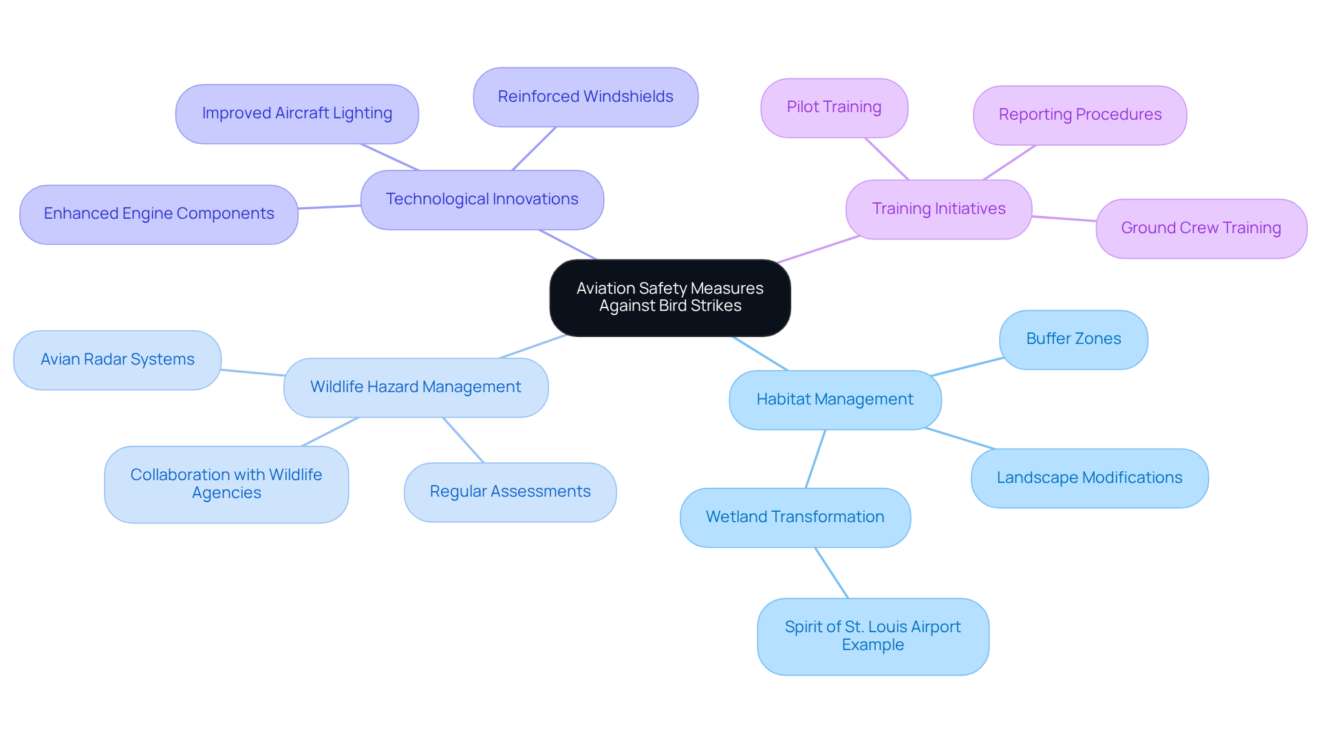 The central node represents the overall theme of safety in aviation. Each branch highlights a key strategy, with sub-branches providing specific actions or examples. This layout helps visualize how different measures work together to enhance safety.