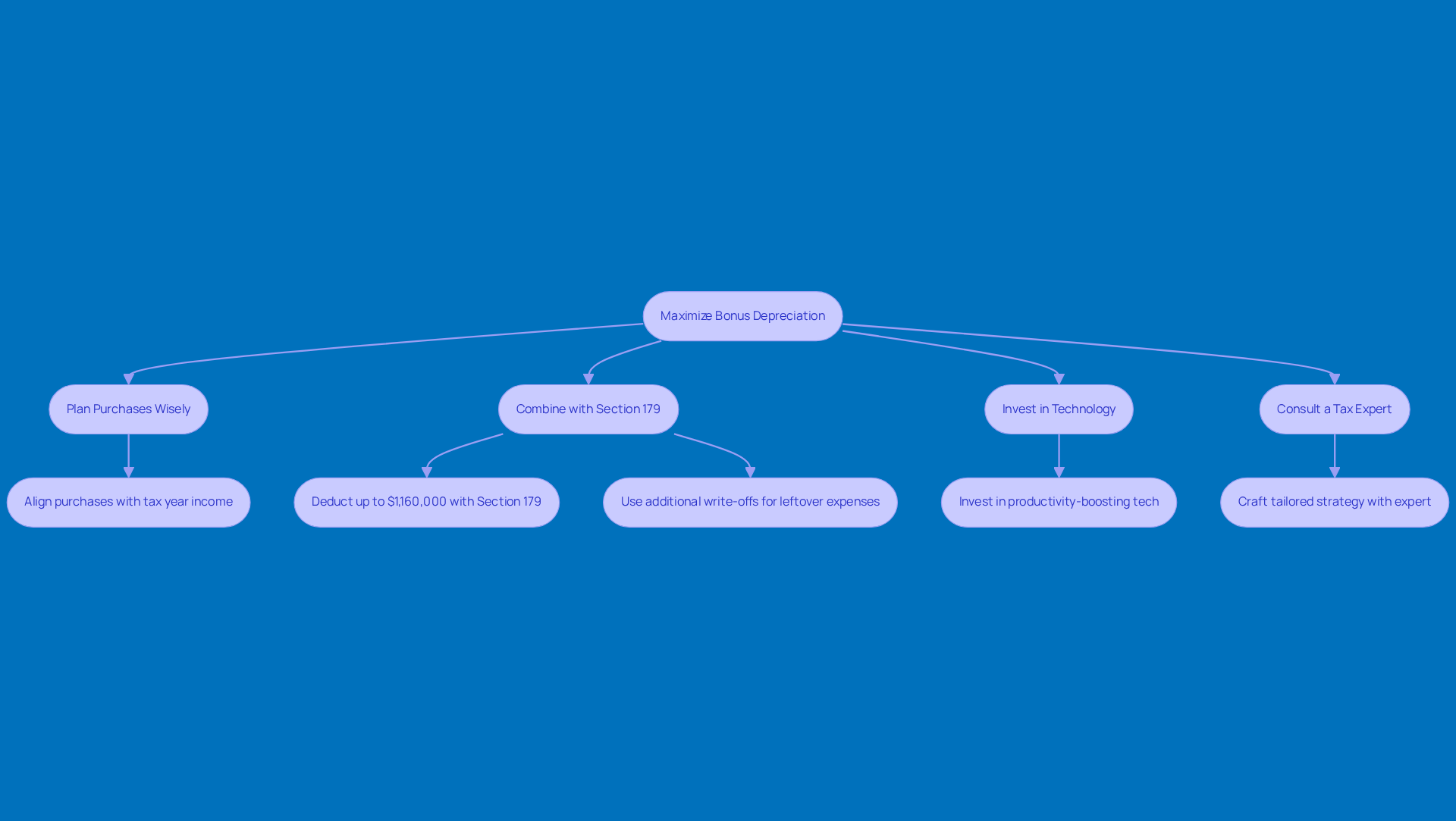 Each box represents a strategy you can use to maximize your bonus depreciation. Follow the arrows to see how these strategies connect and support each other in your tax planning.