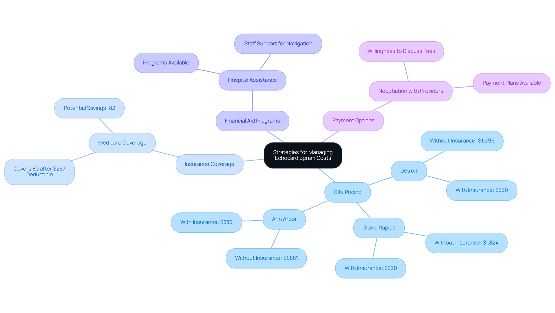 This mindmap helps you see different ways to manage the costs of echocardiograms. Start at the center with the main topic, then follow the branches to explore city-specific prices, insurance benefits, financial aid options, and payment discussions with healthcare providers.