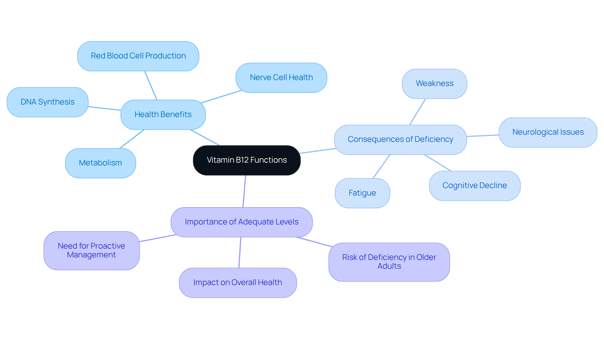 The central node represents Vitamin B12, with branches showing its various health benefits and the consequences of not getting enough. Each color-coded branch helps you easily identify different aspects of this vital nutrient.
