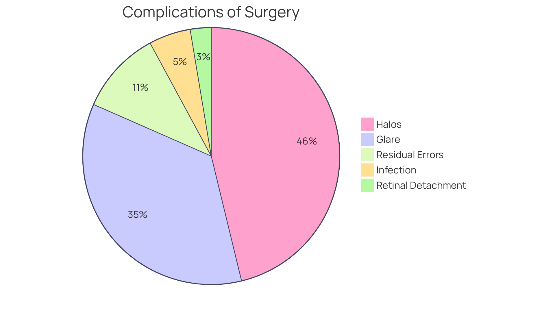 Each slice of the pie shows the percentage of patients experiencing that complication. The larger the slice, the more common the issue. For example, halos are reported by 43.9% of patients, while retinal detachment is rare but serious.
